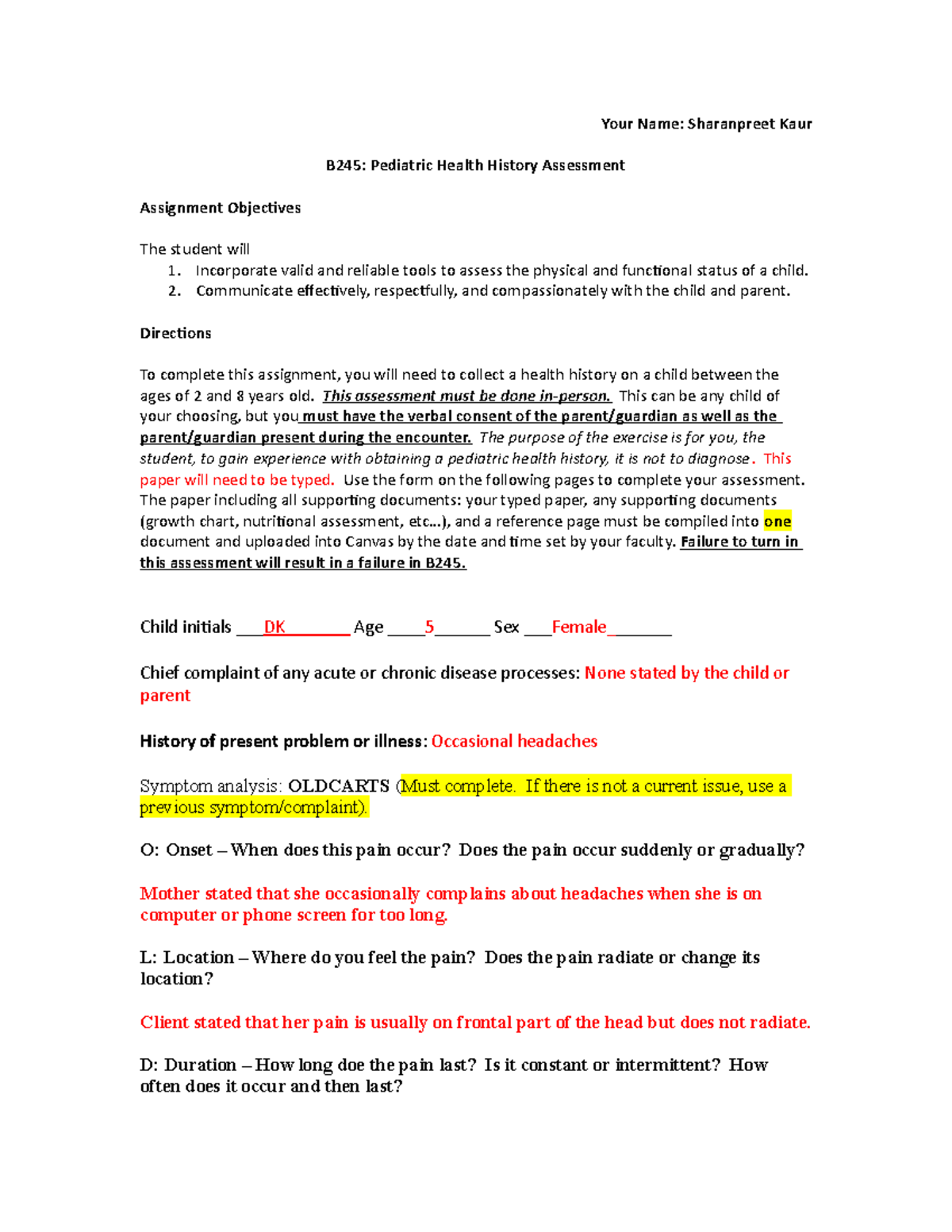 Pediatric Assessment Paper B245 - Your Name: Sharanpreet Kaur B245 ...