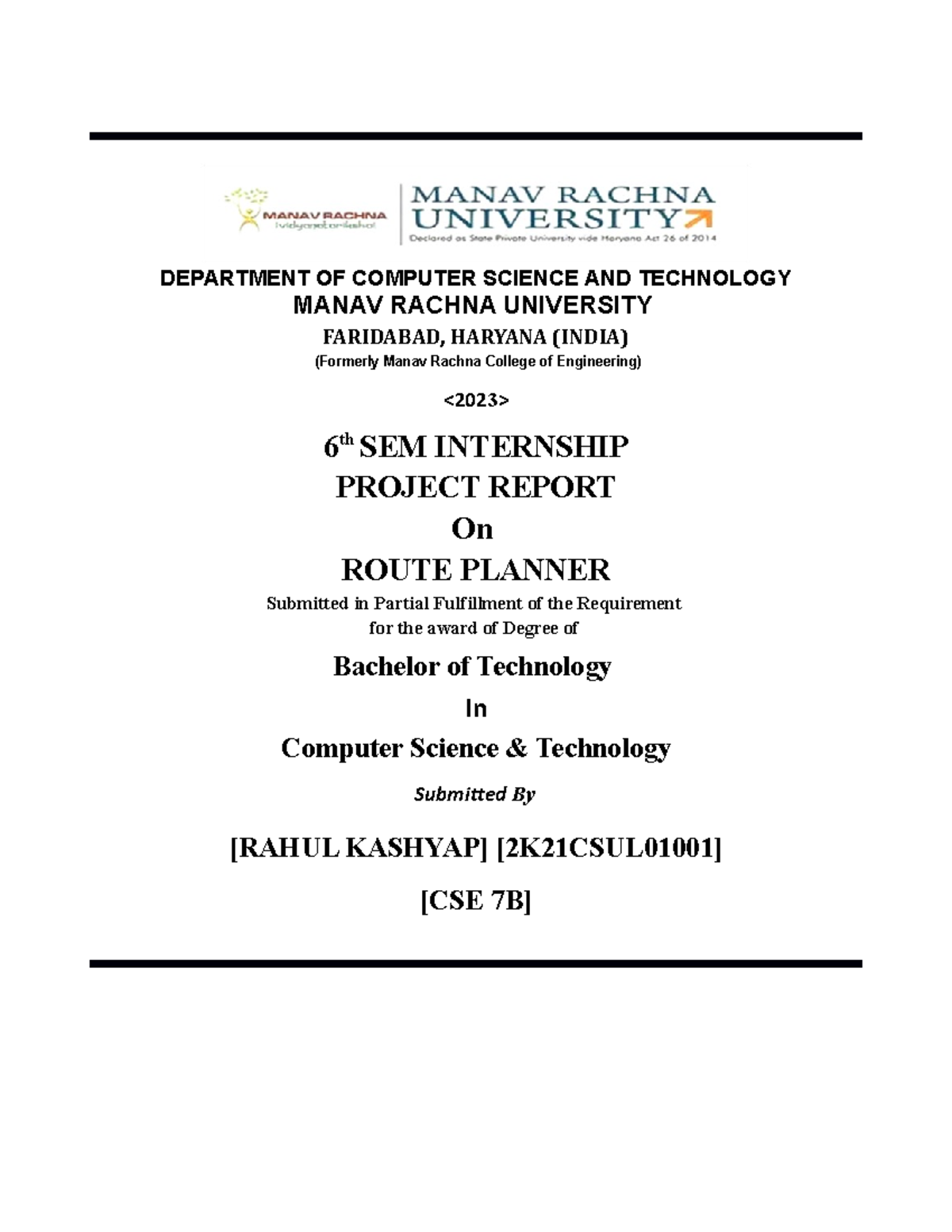 Summer Internship - DEPARTMENT OF COMPUTER SCIENCE AND TECHNOLOGY MANAV RACHNA UNIVERSITY ...