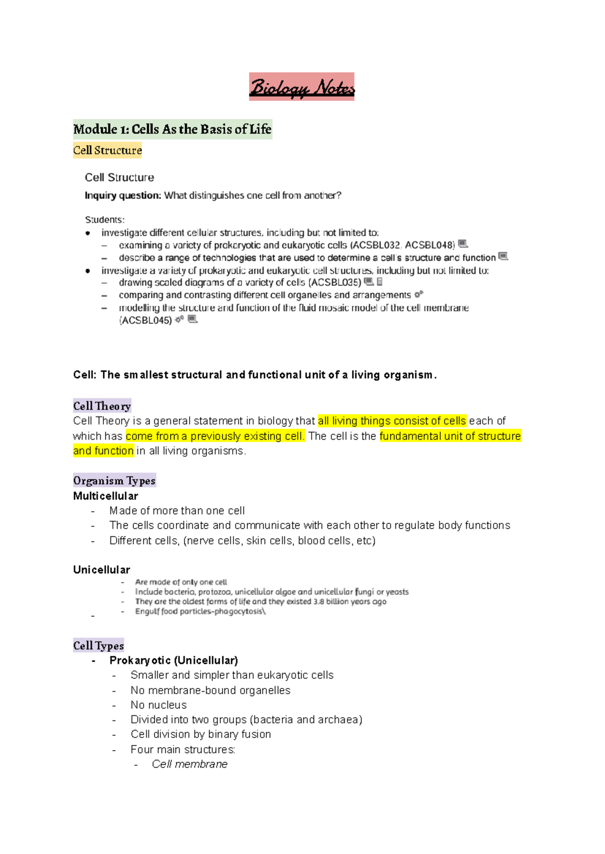 Bio Module 1 Notes - Biology Notes Module 1: Cells As the Basis of Life ...