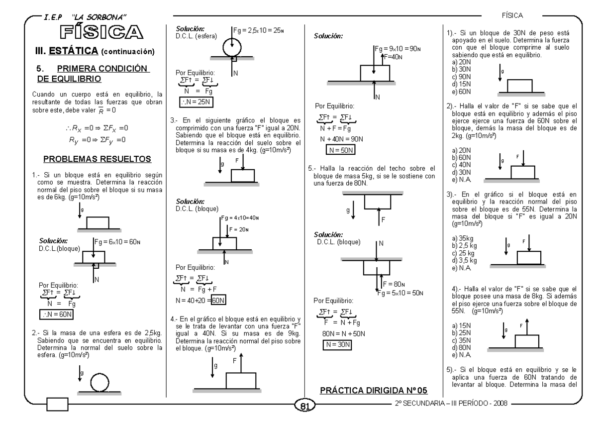 Ctfisi-2ºS-IIIP - DINAMICA DE LOS CUERPOS - 2º SECUNDARIA – III PERÍODO - 2008 III. ESTÁTICA ...