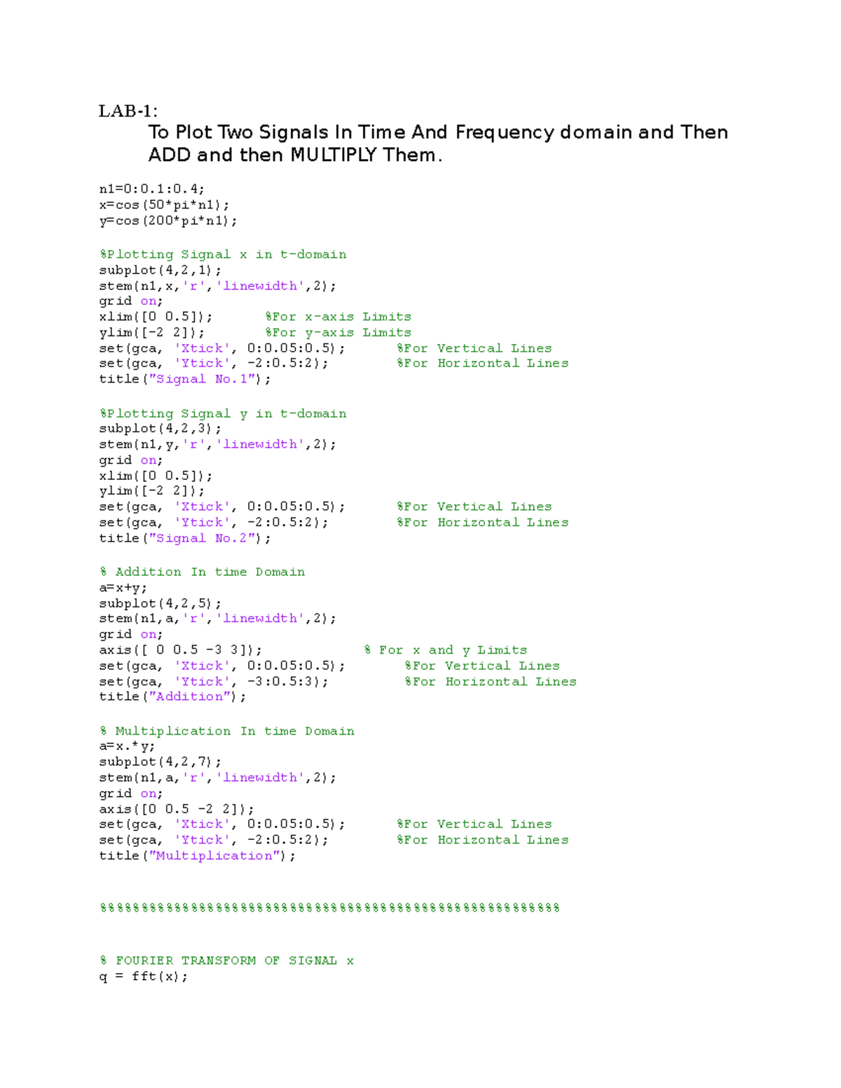 LAB-1 - lab - LAB-1: To Plot Two Signals In Time And Frequency domain ...