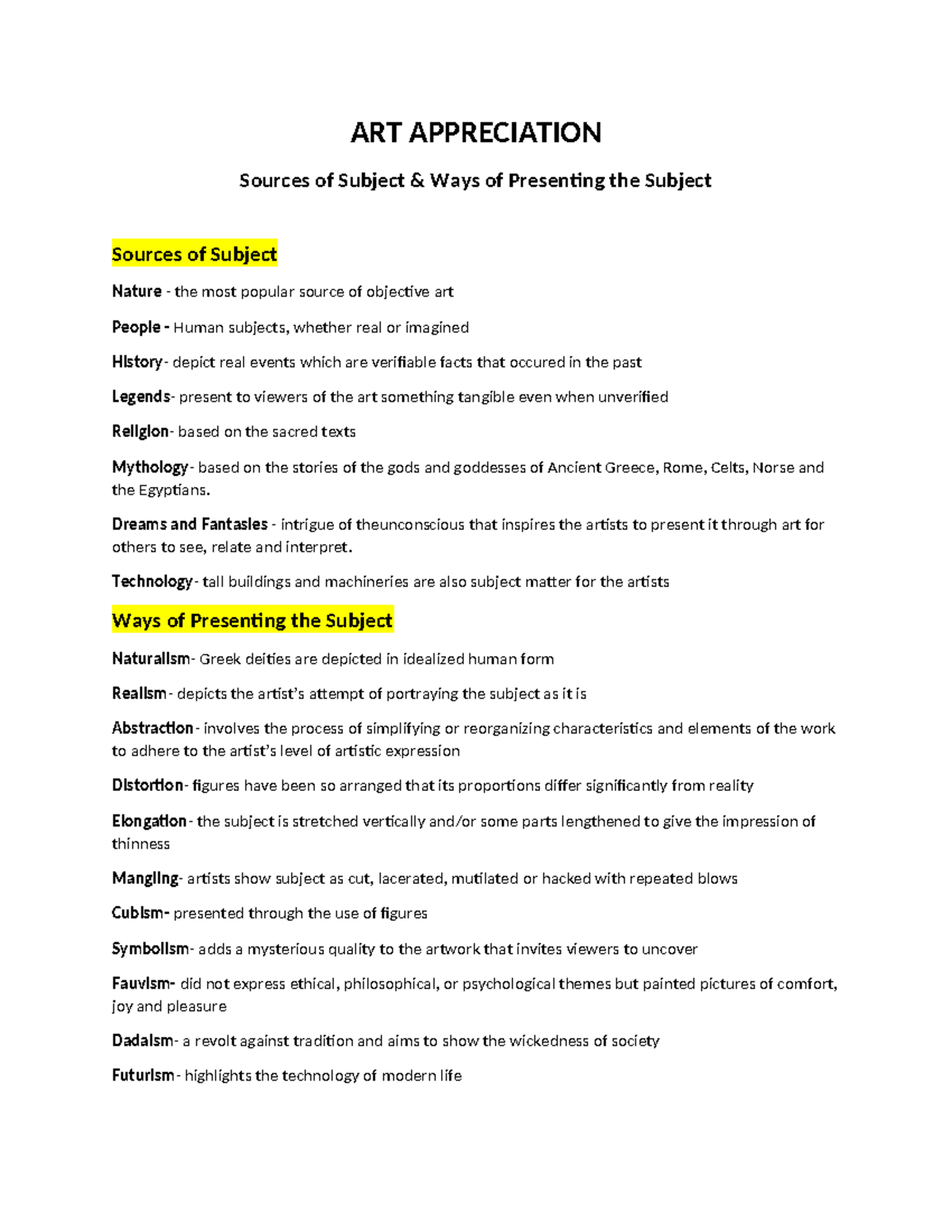 ART Appreciation ppt2 - LECTURE - ART APPRECIATION Sources of Subject ...