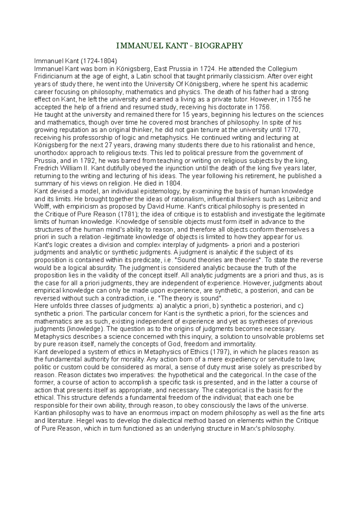 Kant in a nutshell - Not conclusive - IMMANUEL KANT - BIOGRAPHY ...