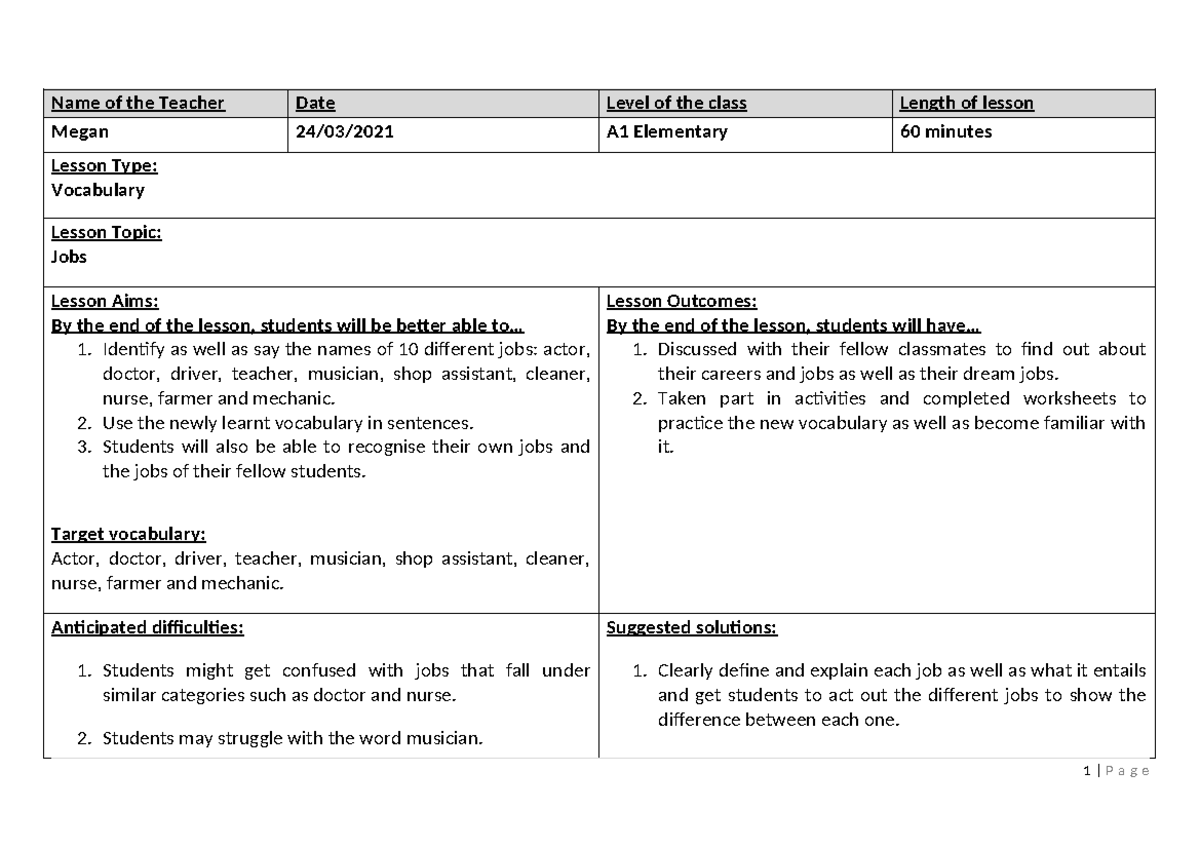 Vocabulary Lesson Plan Jobs Elementary A 1-1 - Name of the Teacher Date ...