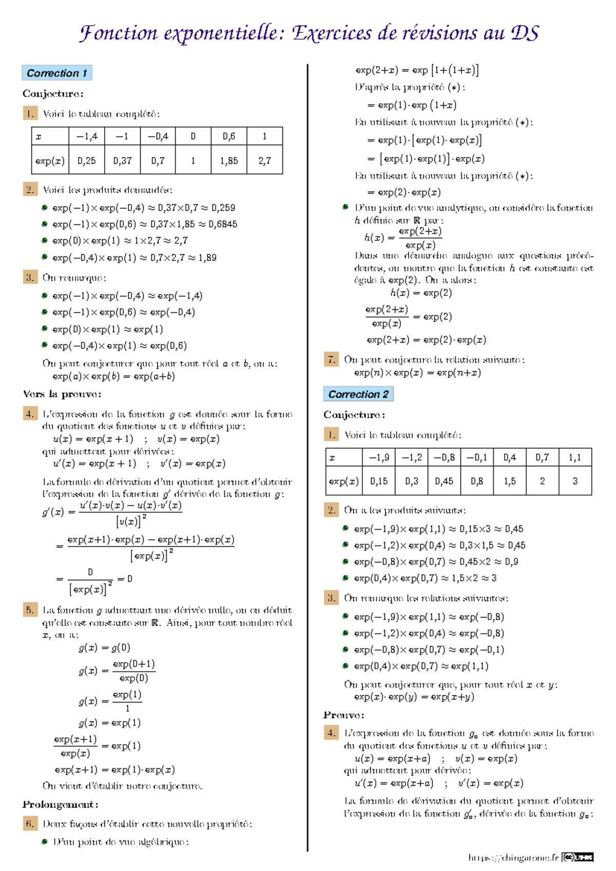 Correction Exercices - Fonction exponentielle: Exercices de révisions au DS Correction 1 ...