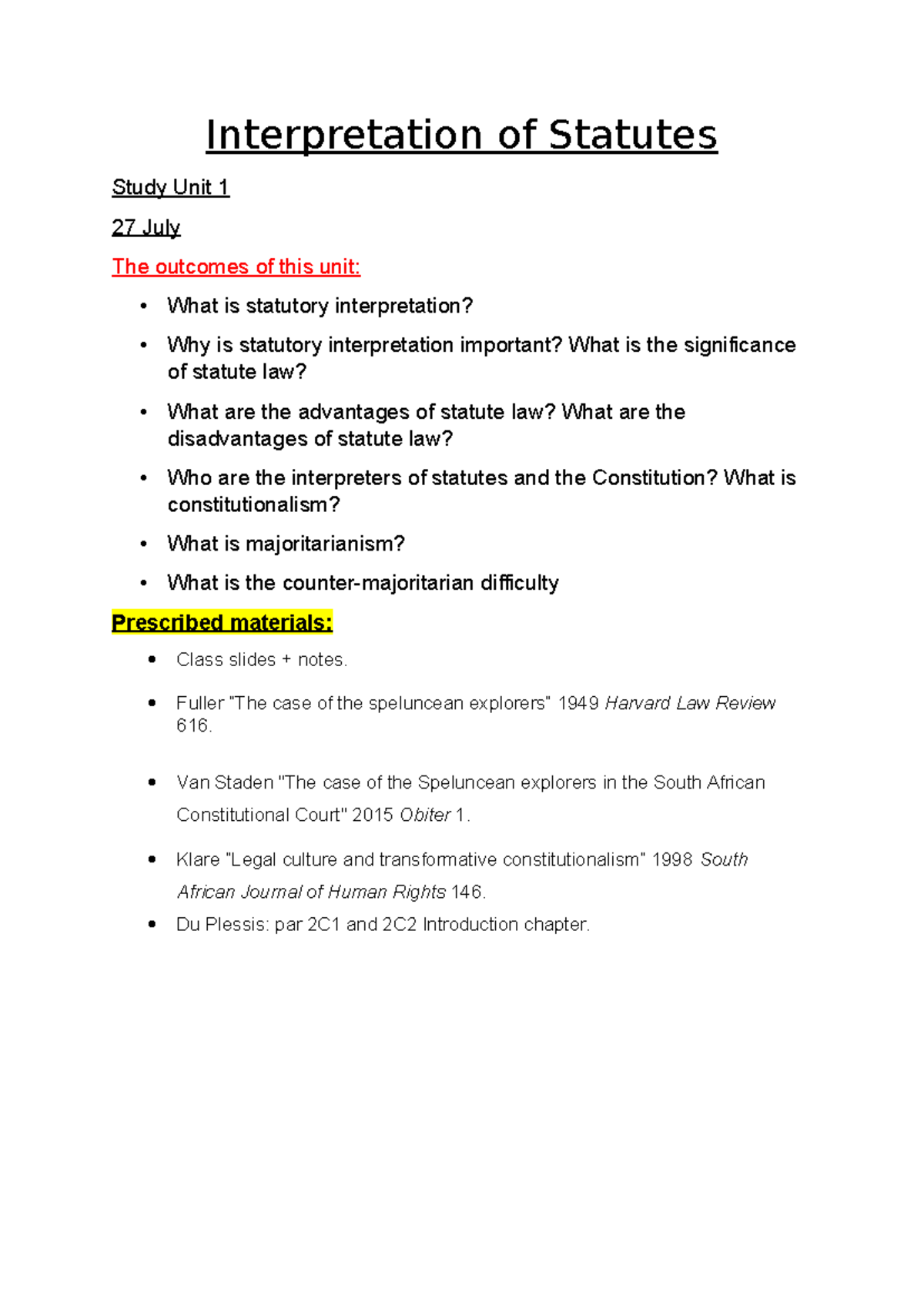 Interpretation of Statutes, study unit 1 - Interpretation of Statutes ...