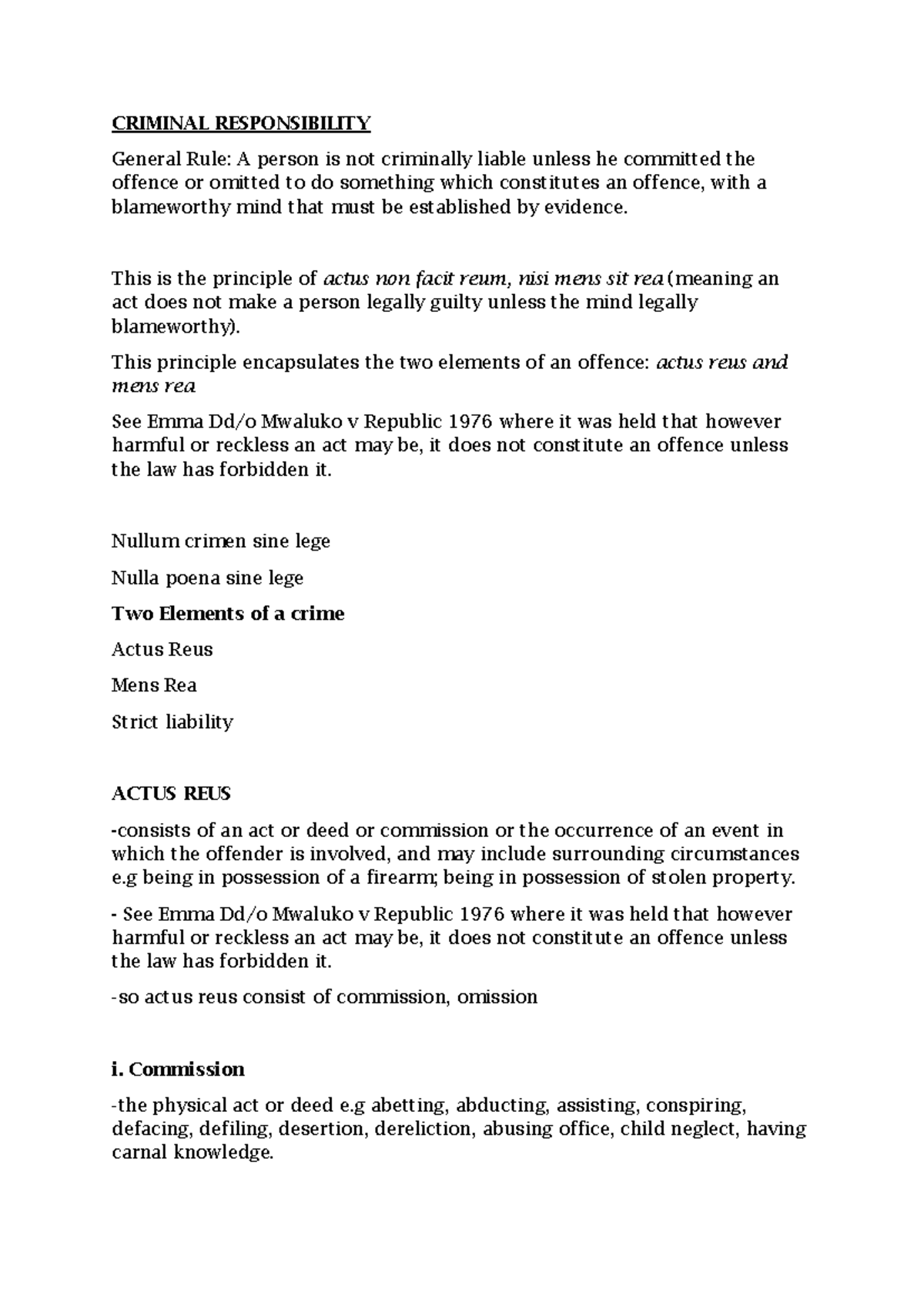 Criminal Responsibility - CRIMINAL RESPONSIBILITY General Rule: A ...