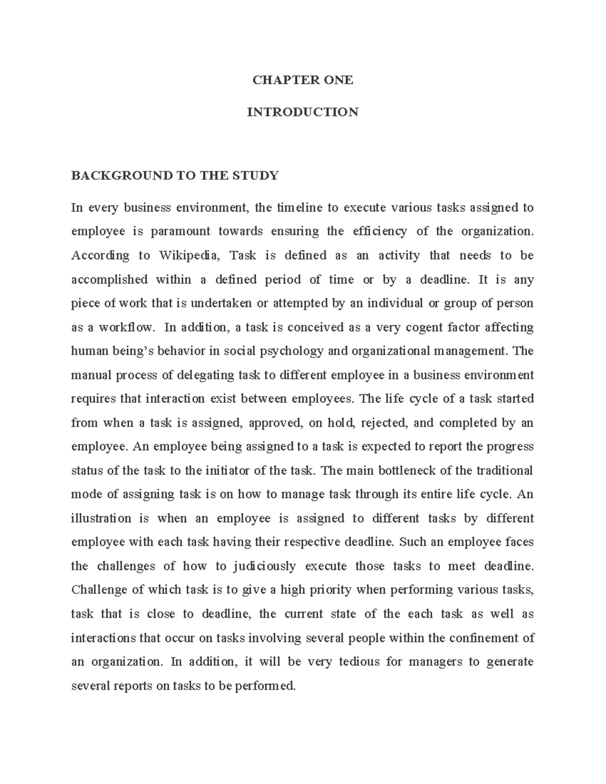 Task Management System - CHAPTER ONE INTRODUCTION BACKGROUND TO THE ...