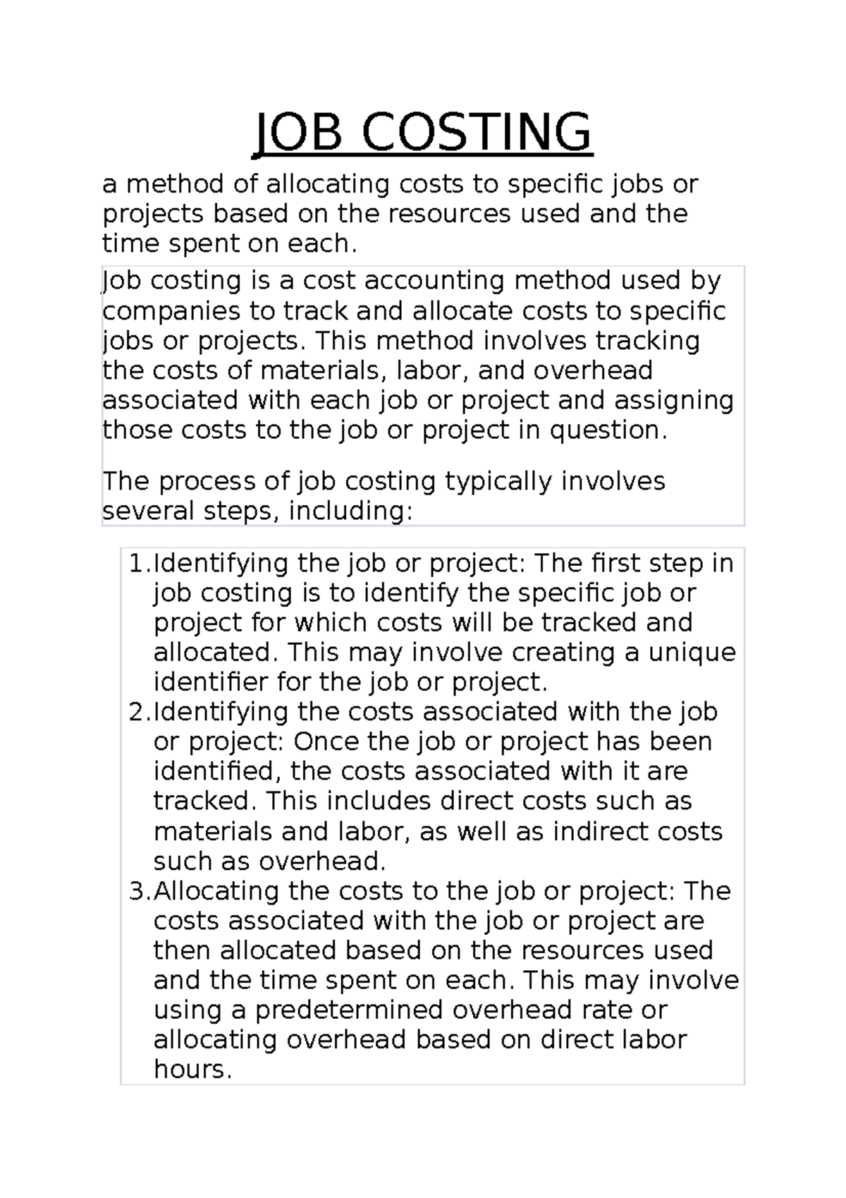 JOB Costing - JOB COSTING a method of allocating costs to specific jobs ...