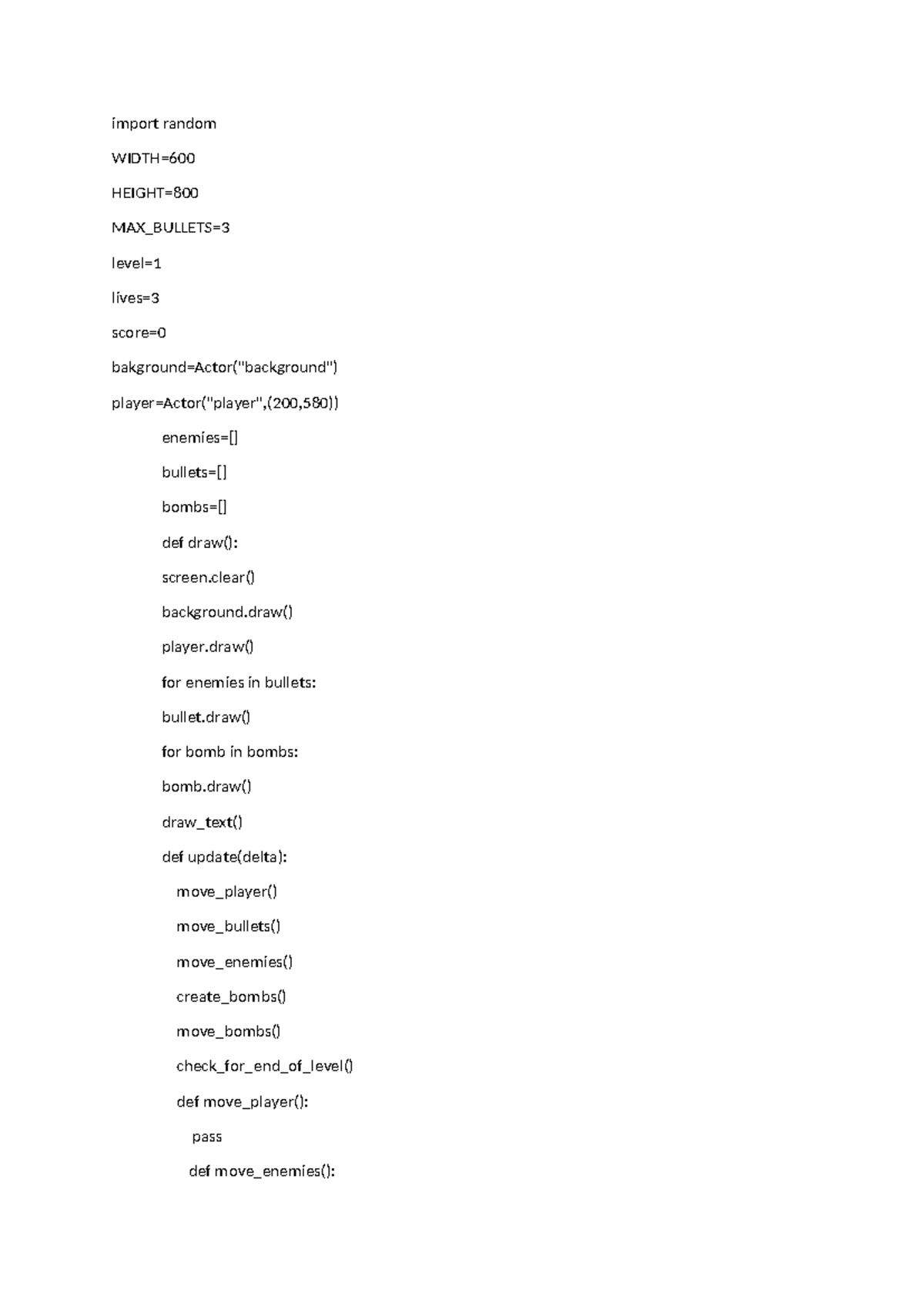 Shooter game code for TYIT - import random WIDTH= HEIGHT= MAX_BULLETS= level= lives= score ...