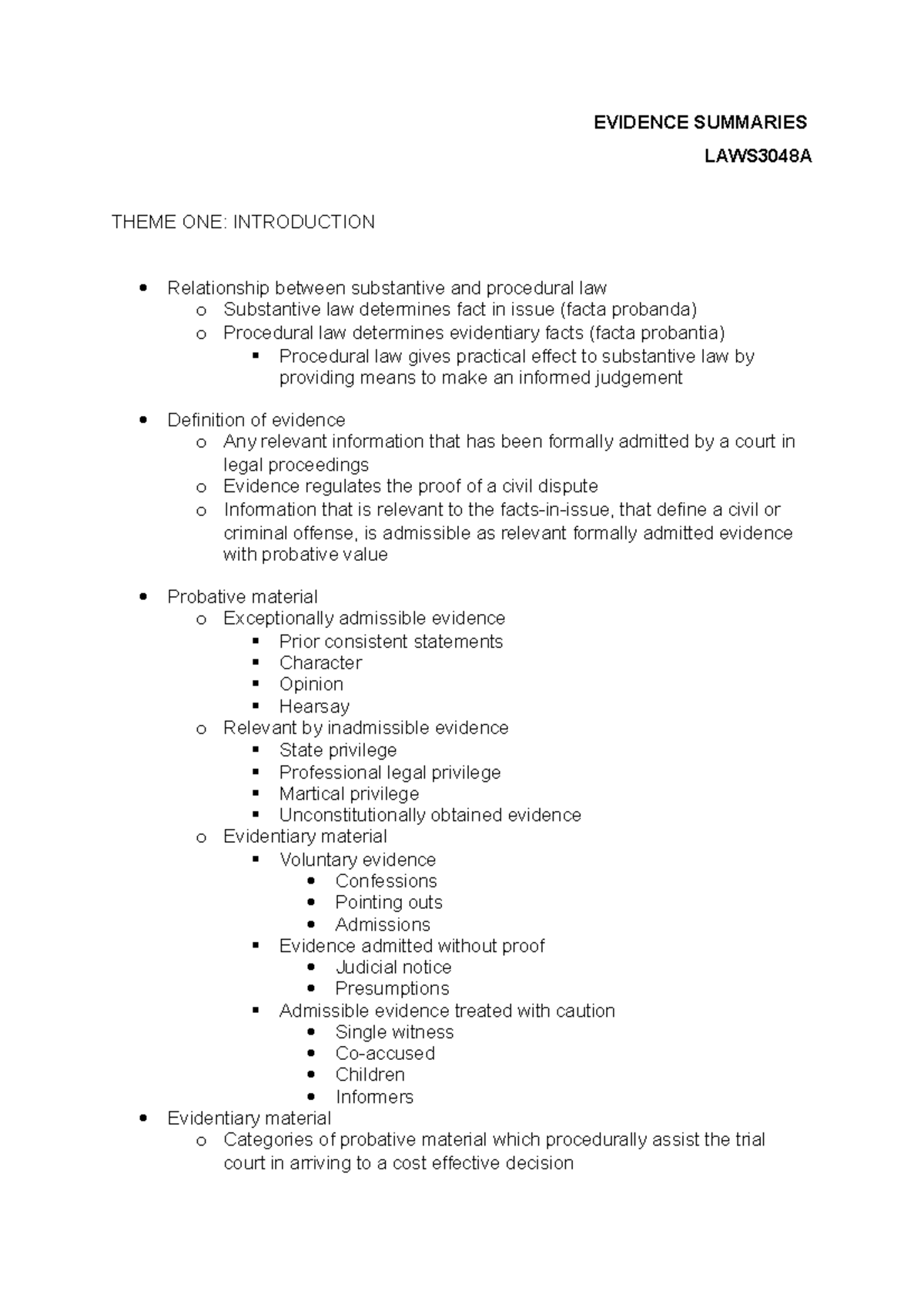 Evidence Summaries - EVIDENCE SUMMARIES LAWS3048A THEME ONE ...