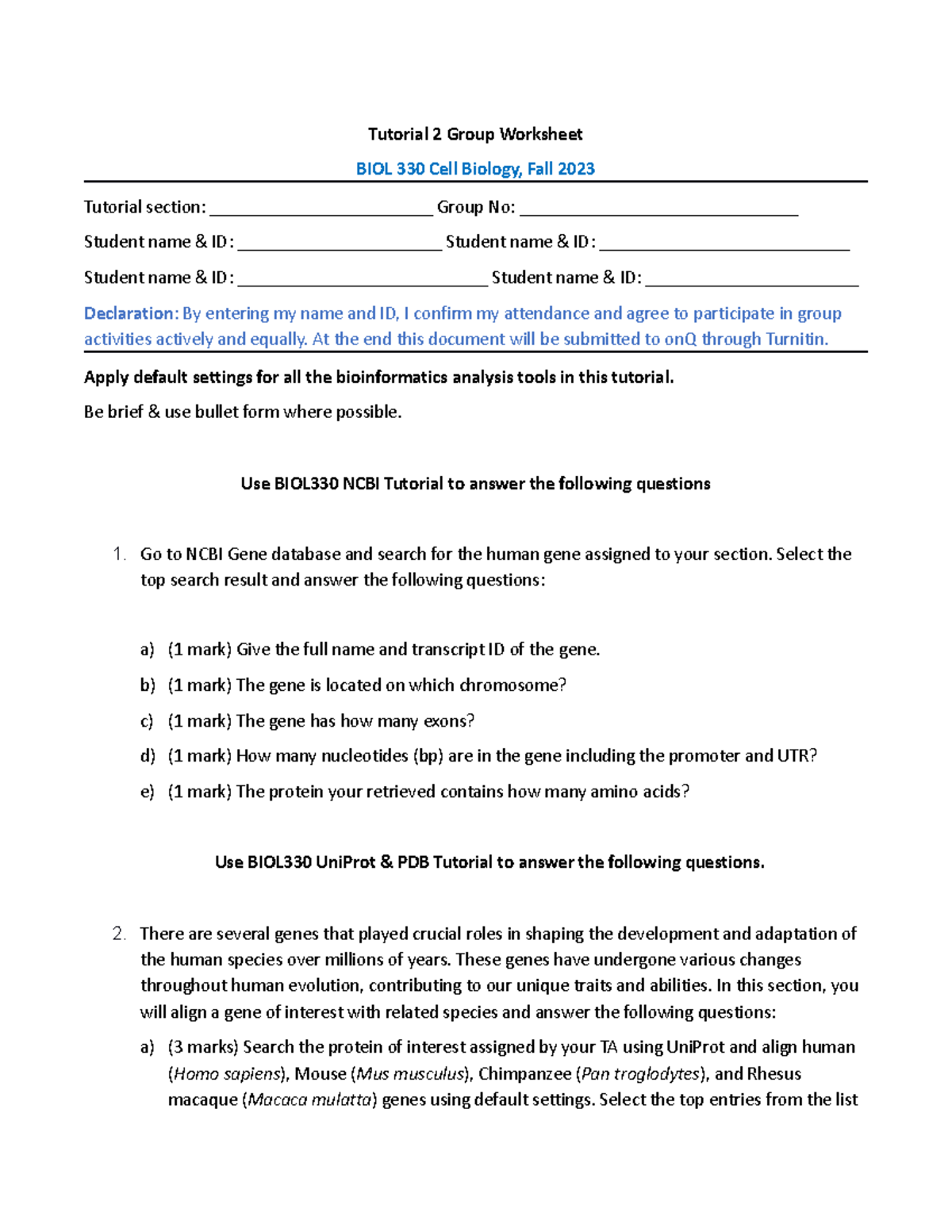 BIOL330-F23 Tutorial 2 Worksheet - Tutorial 2 Group Worksheet BIOL 330 ...