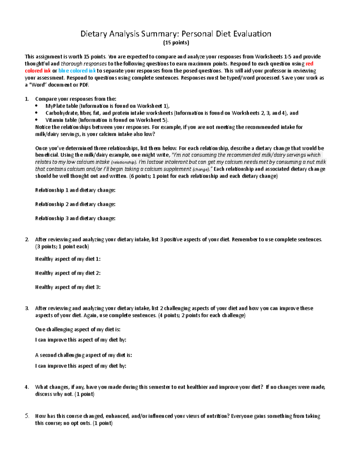 DA Summary - notes - Dietary Analysis Summary: Personal Diet Evaluation ...