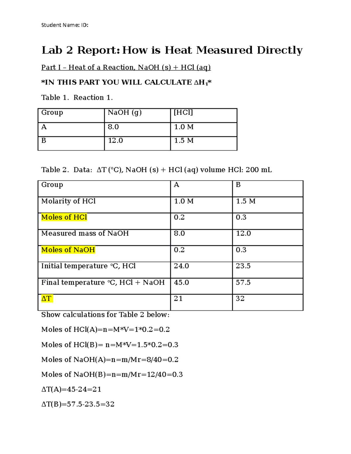 Lab 2 Calorimetry report with data - Lab 2 Report: How is Heat Measured ...