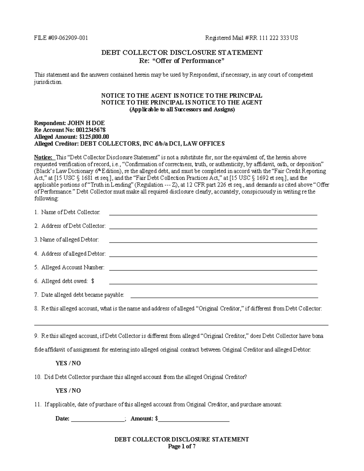 49746887 DEBT Collector Disclosure Statement - FILE #09-062909-001 ...
