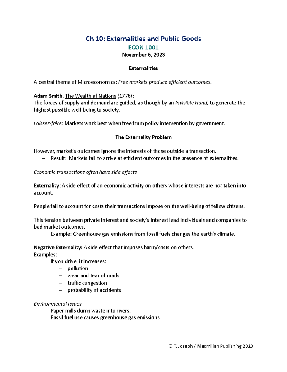 7 In-class Notes - Ch 10 : Externalities and Public Goods ECON 1001 ...