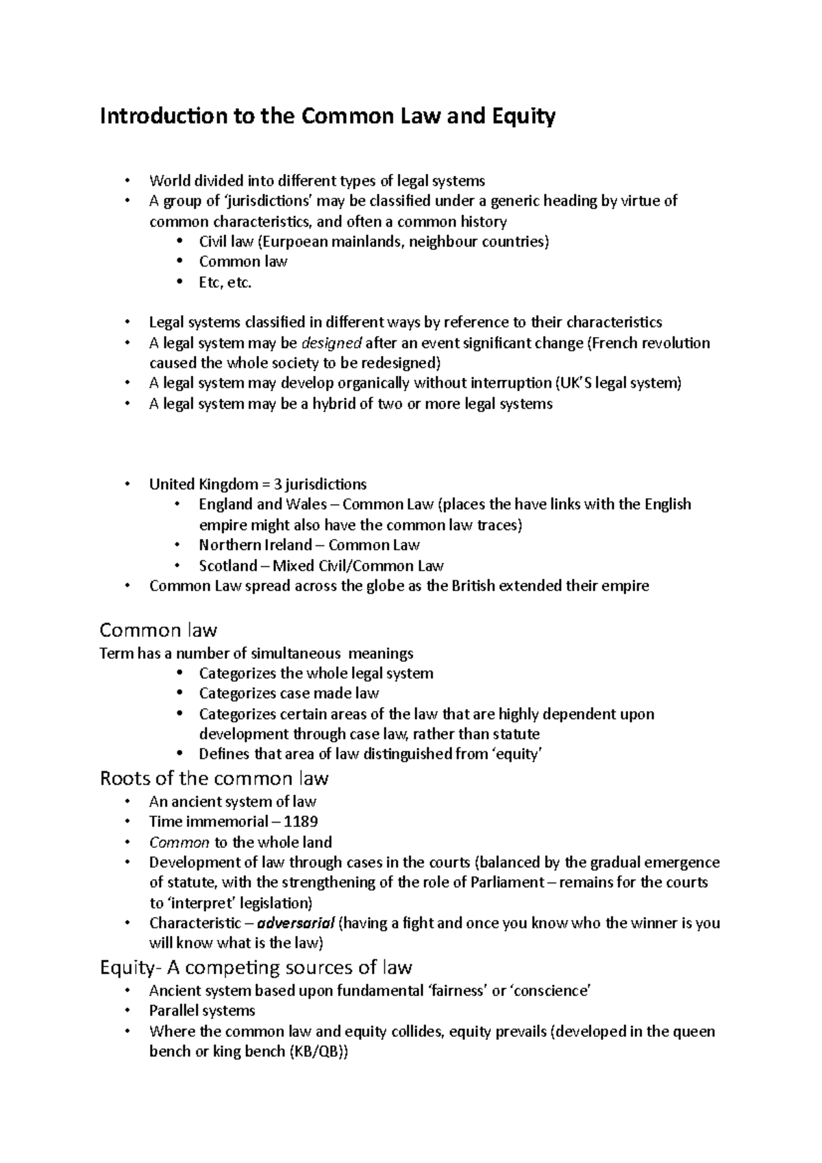 Introduction to the Common Law and Equity - LAW133 - Sheffield - Studocu