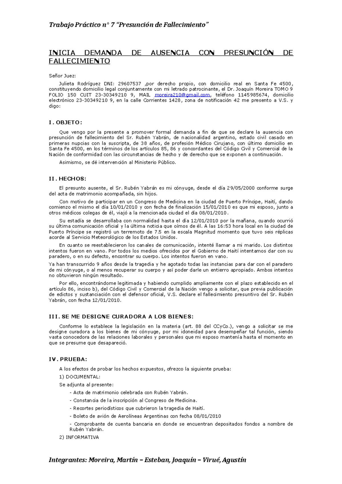 Escrito presunción fallecimiento - Trabajo Práctico n° 7 “Presunción de ...