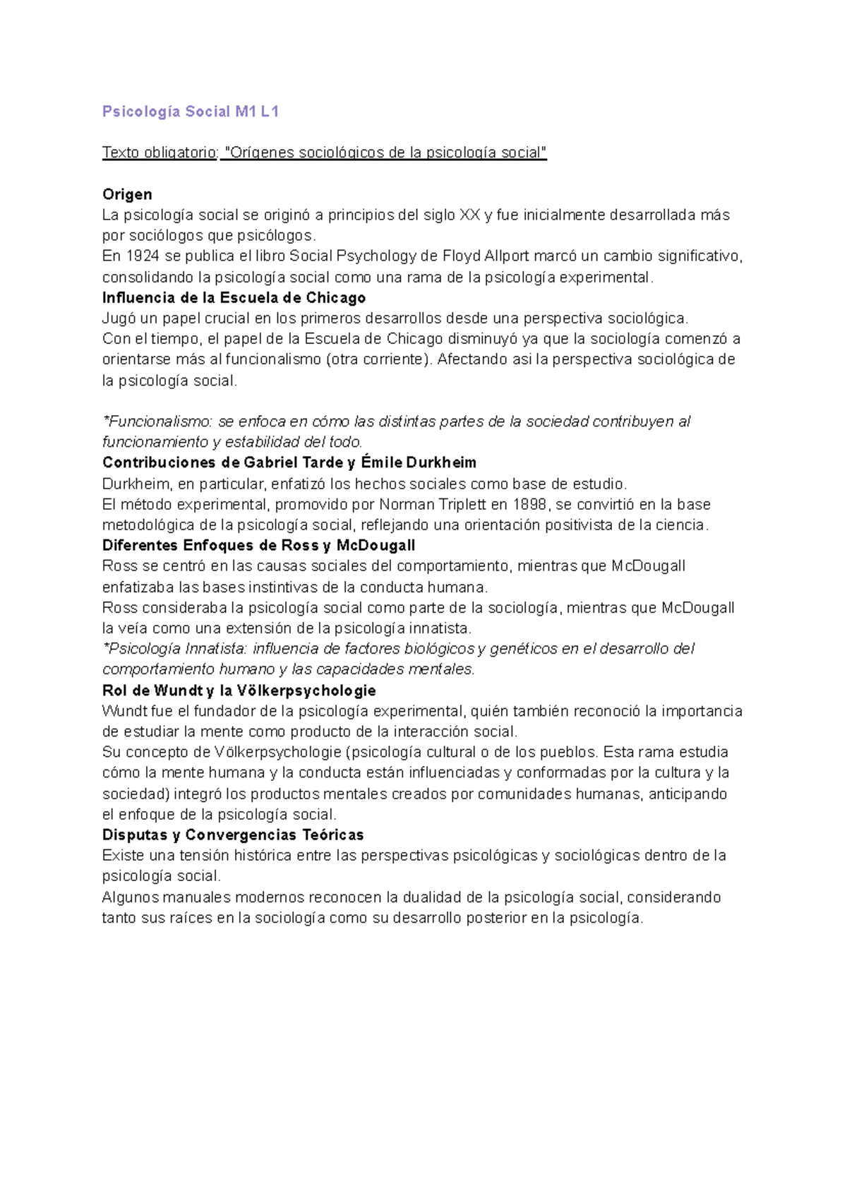 Psicología social - Resumen L1 - Psicología Social M1 L Texto obligatorio: "Orígenes - Studocu