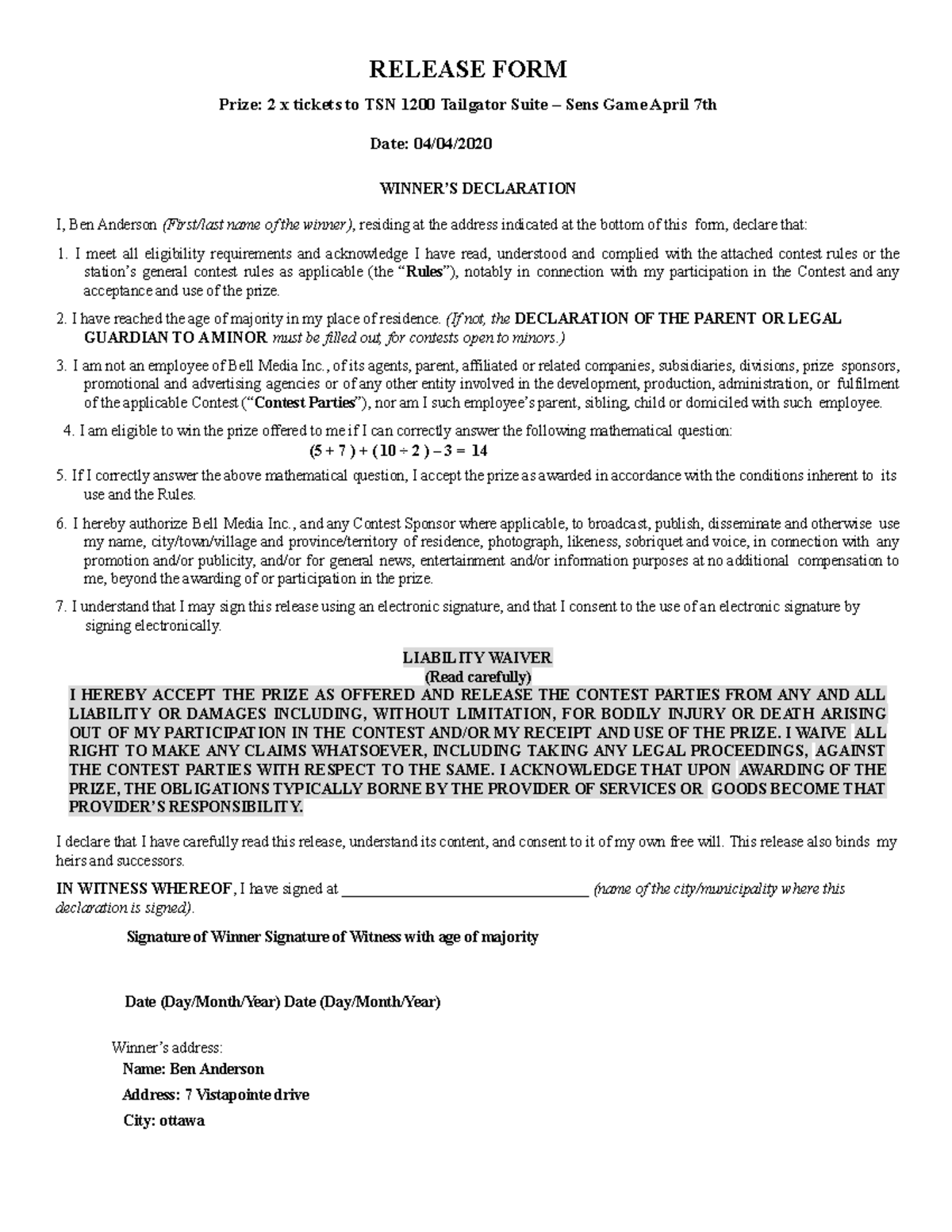 Release Form for TSN 1200 Tailgator Suite Sens Game April 7th - Studocu