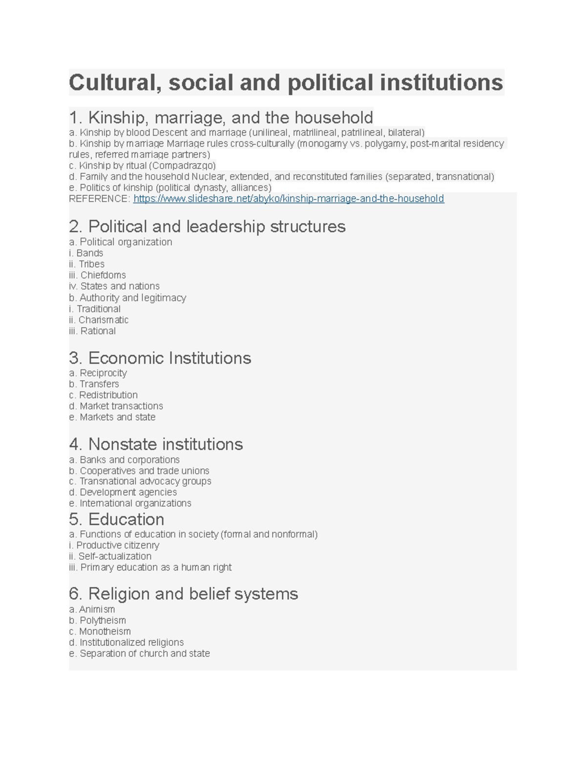 Cultural - NOTES - Cultural, social and political institutions 1 ...