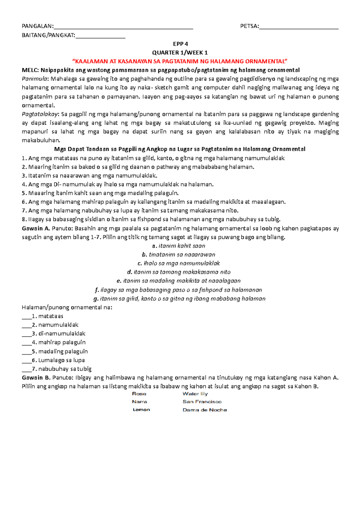 EPP - ACTIVITIES FPOR CALSS DISCUSSION - PANGALAN