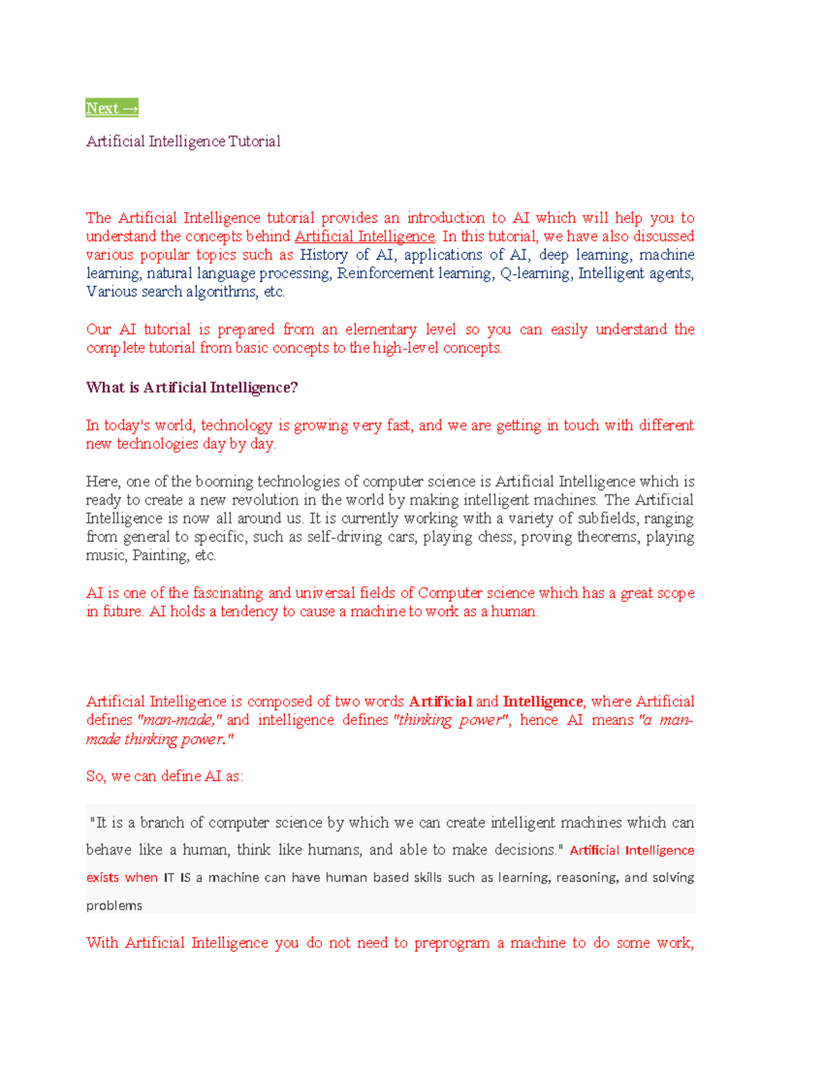 Heuristic or informed algorithm 1 - Next → Artificial Intelligence Tutorial The Artificial - Studocu