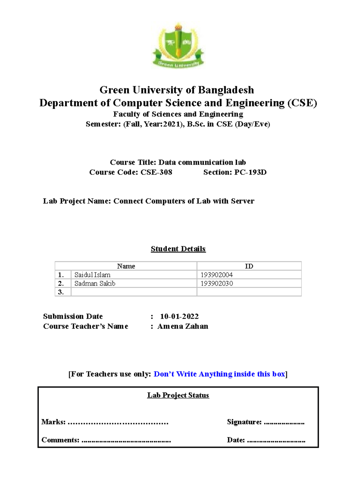 Lab-Project-Report CSE-2 - Green University of Bangladesh Department of ...