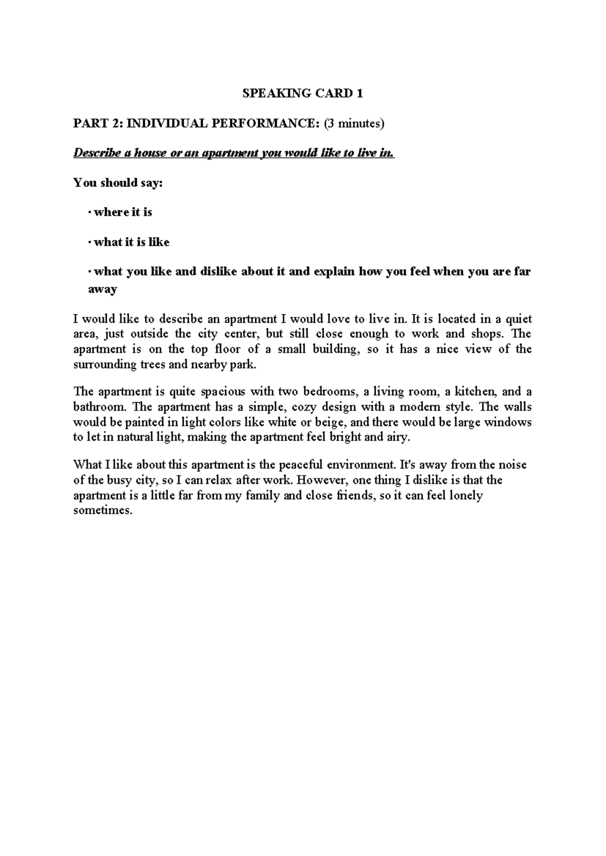 Speaking CARD 1 - .... - SPEAKING CARD 1 PART 2: INDIVIDUAL PERFORMANCE ...