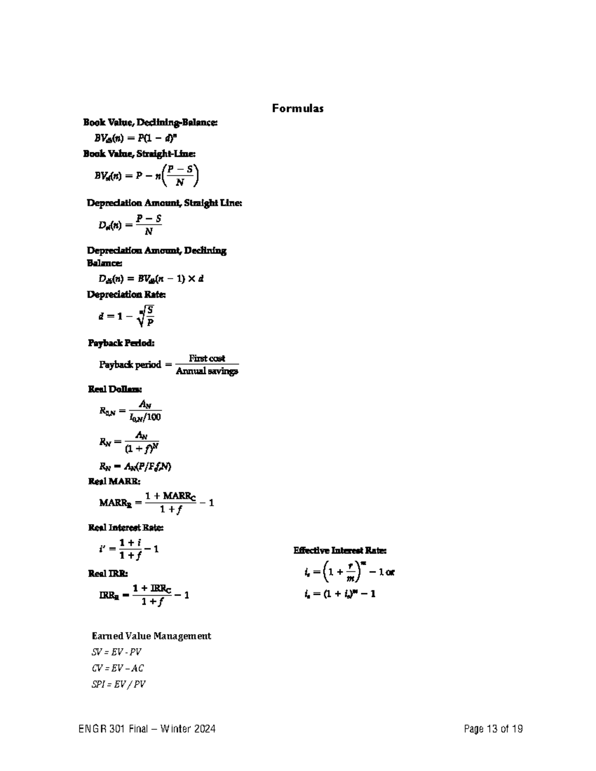 Formula sheet final - ENGR 301 - Formulas Earned Value Management SV ...