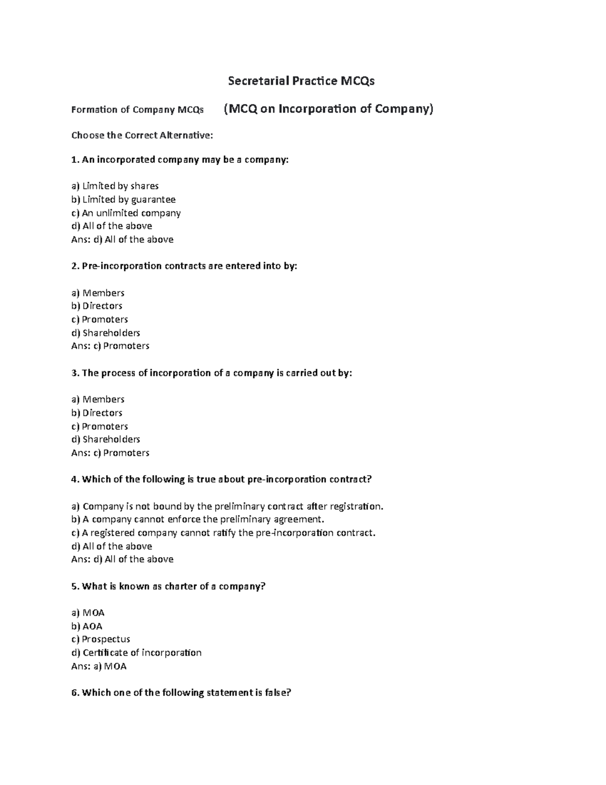 Sp1 - Secretarial Practice - Secretarial Practice MCQs Formation of ...