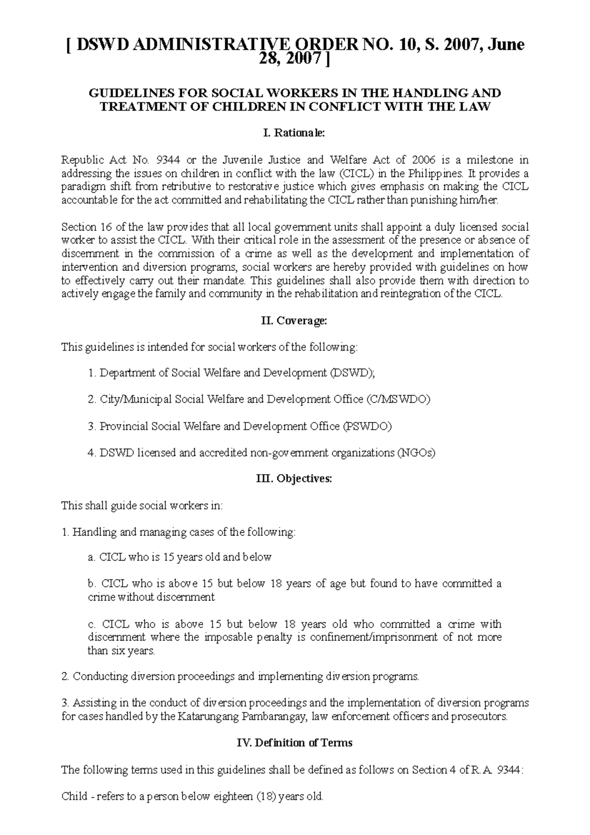 DSWD AO No. 10, s 2007 Guidelines for Social Workers in the Handling ...