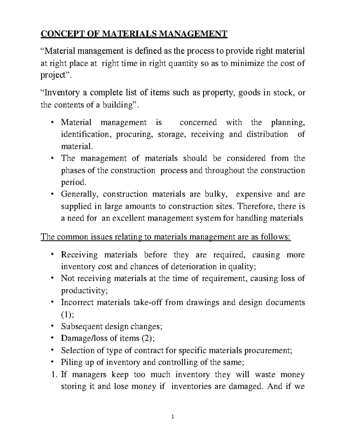 Construction Project Management - CONCEPT OF MATERIALS MANAGEMENT