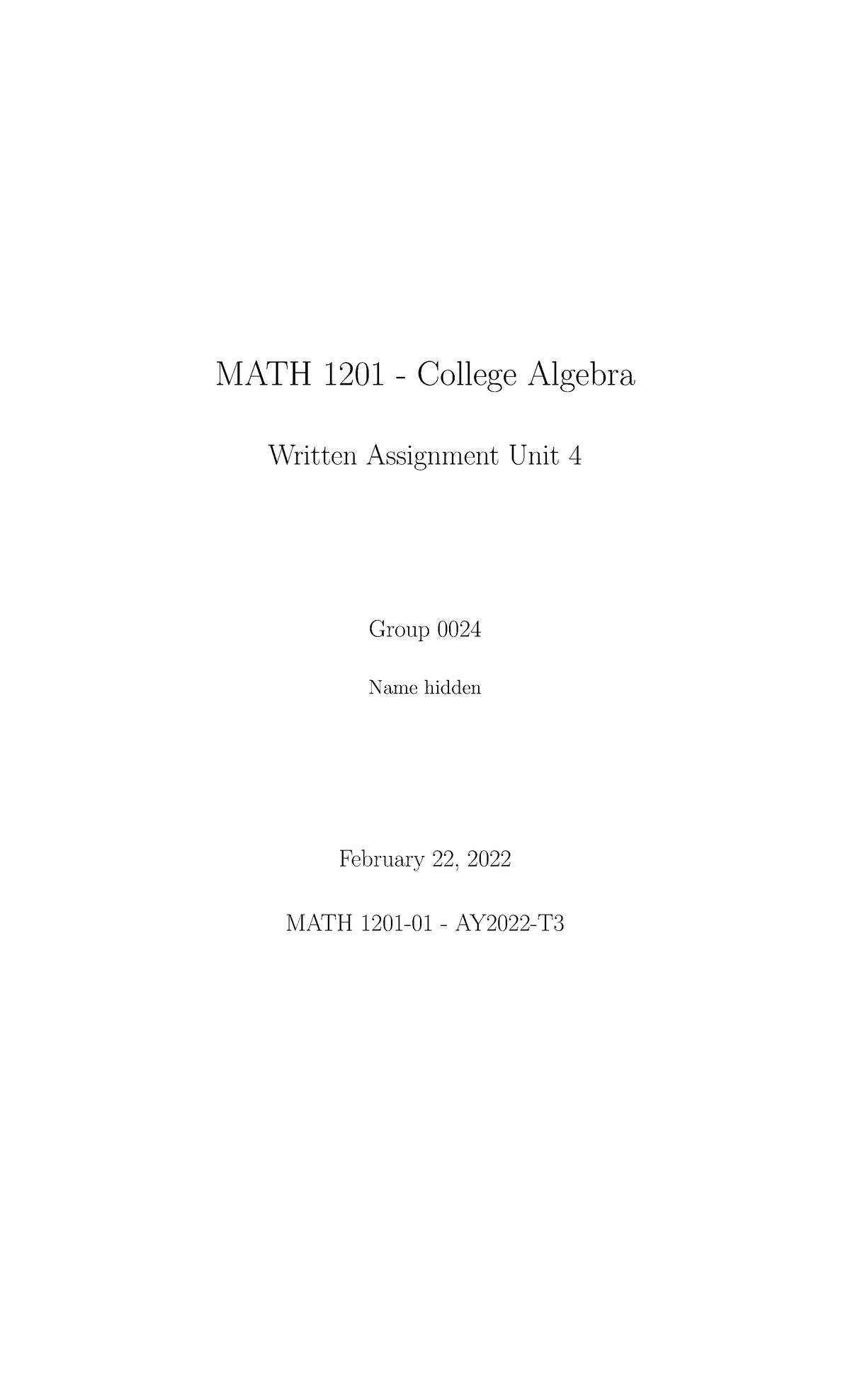 Written Assignment Unit 4 - MATH 1201 - College Algebra Written ...