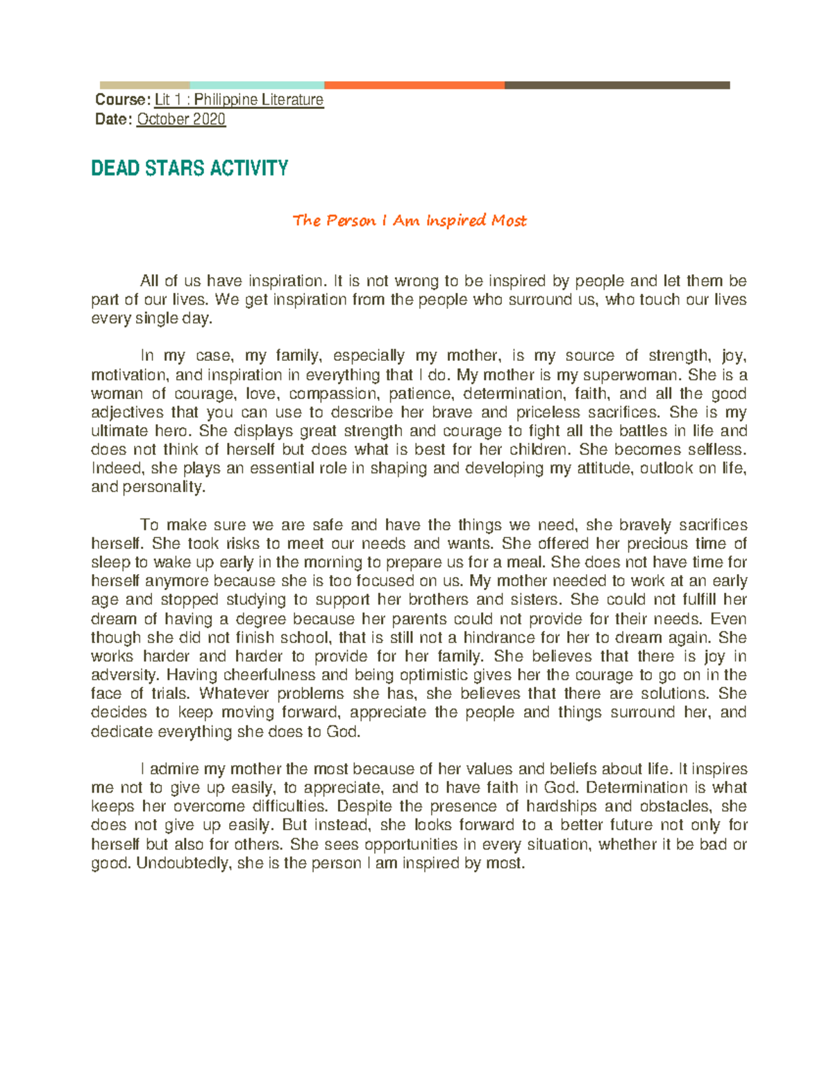 Lit 1 - Dead Stars Activity - Literature - University of the ...