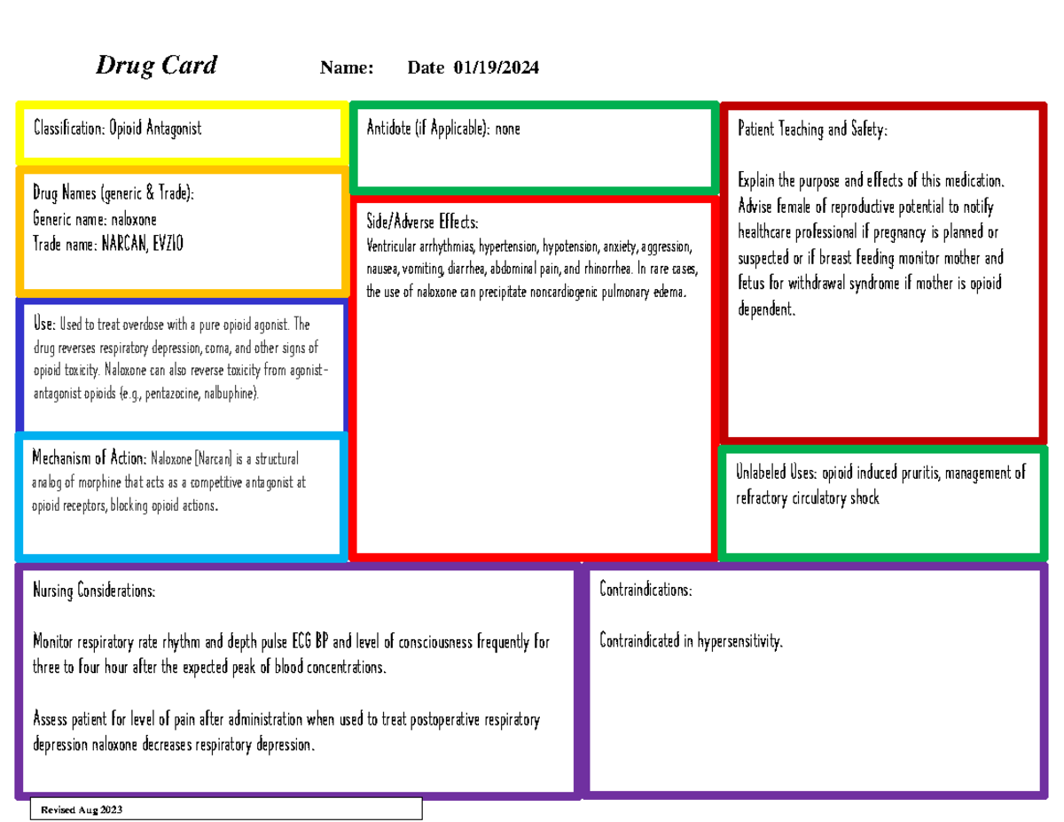 Drug card 2 - naloxone - Drug Card Name: Date 01/19/202 4 Patient ...