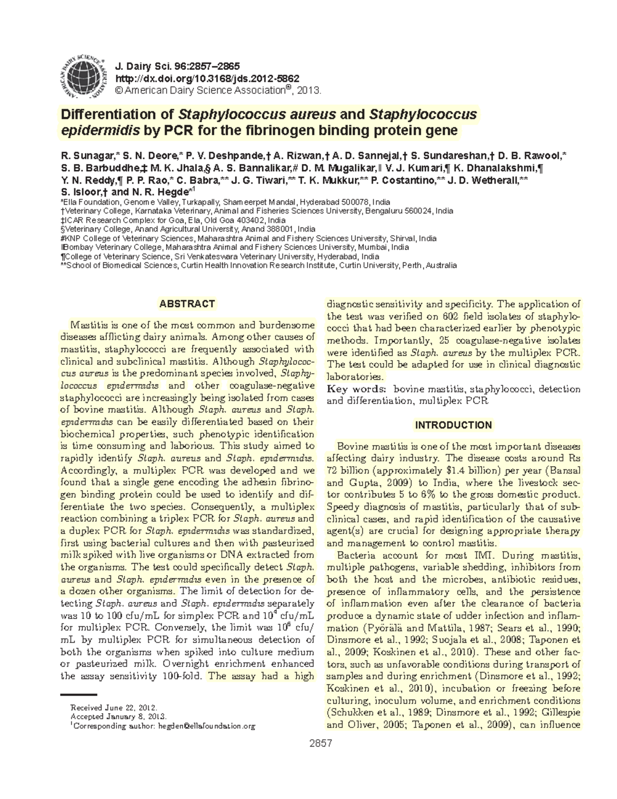 Studenten J. Dairy Sci. 2013 2857-65 - 2857 J. Dairy Sci. 96:2857– dx ...