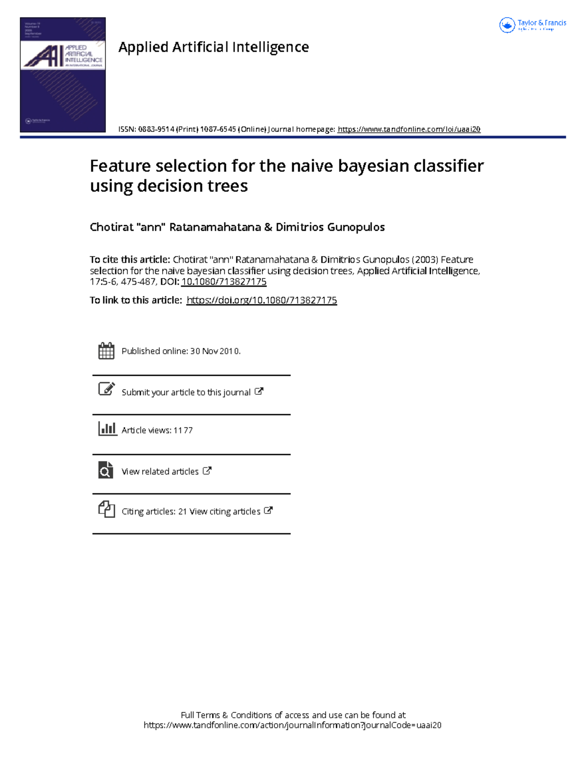 Feature Selection For The Naive Bayesian Classifier Using Decision Trees 1080