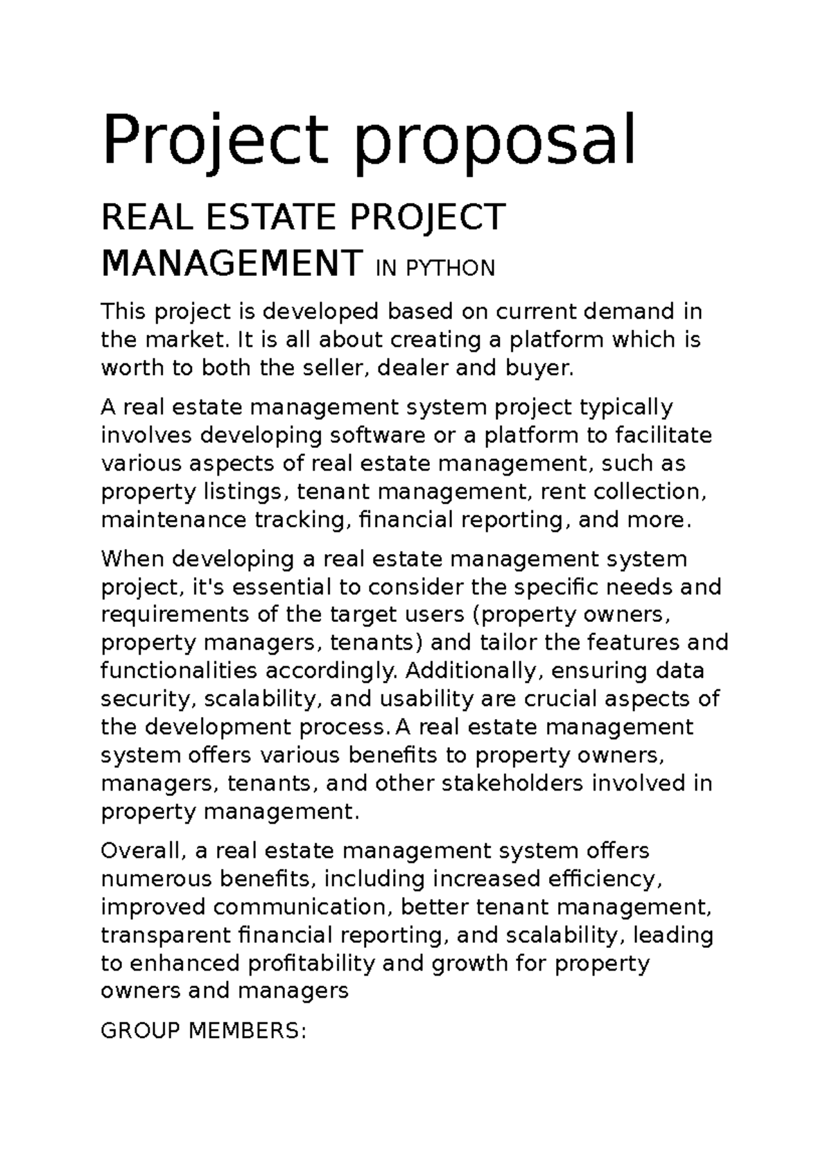 REAL Estate Mngmnt System - Project proposal REAL ESTATE PROJECT ...