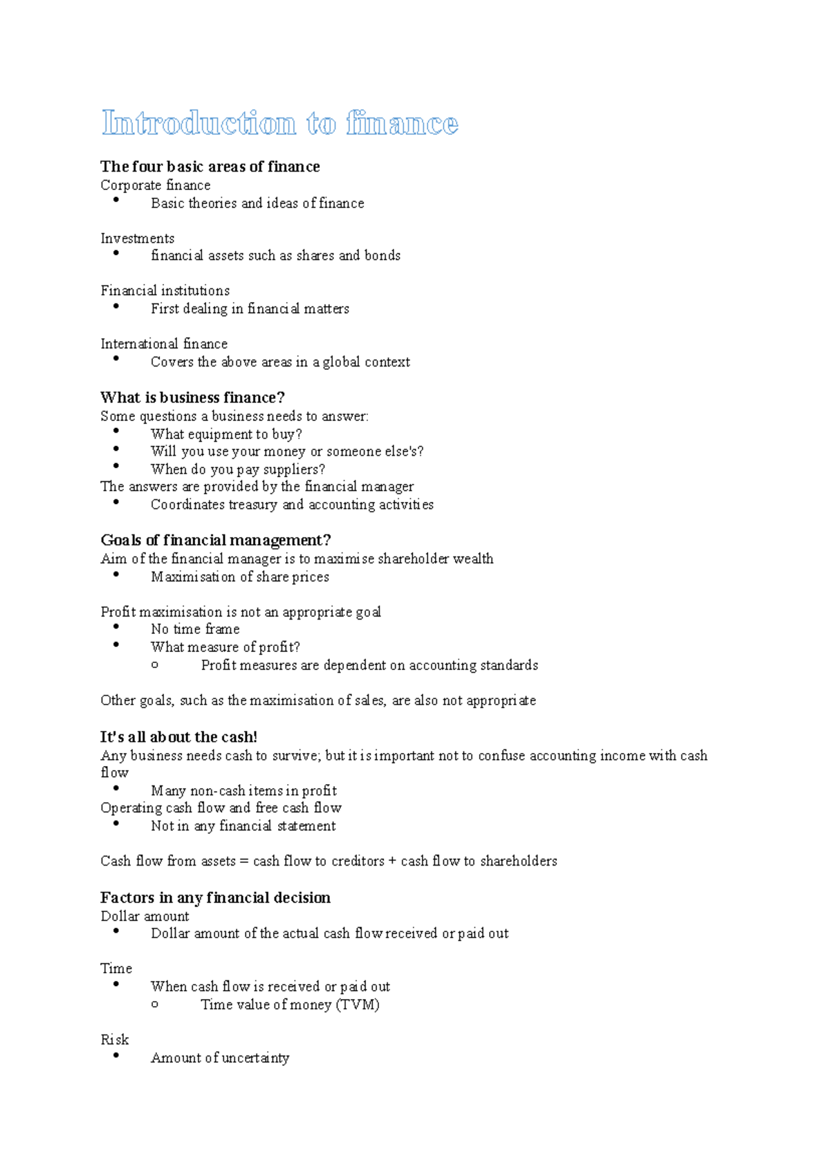 FBF summarised notes - Introduction to finance The four basic areas of ...
