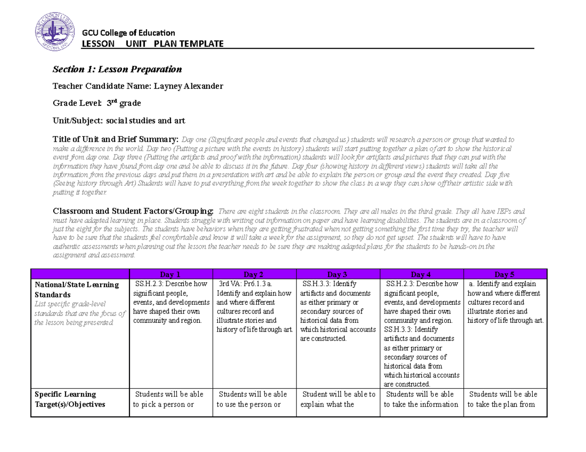 ELM-351 T7 5 day lesson plan - Section 1: Lesson Preparation Teacher ...