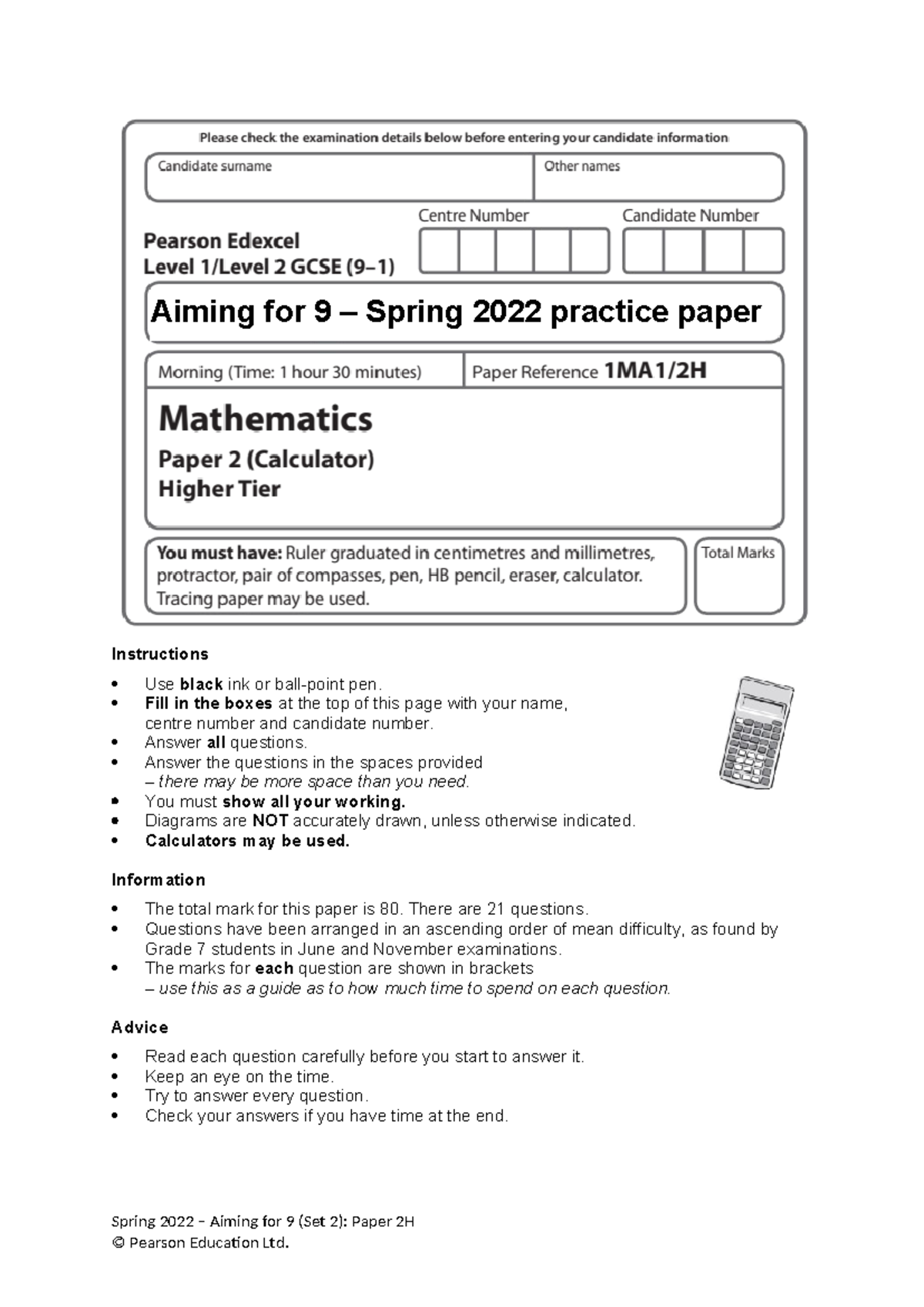 maths practice questions - Instructions Use black ink or ball-point pen ...