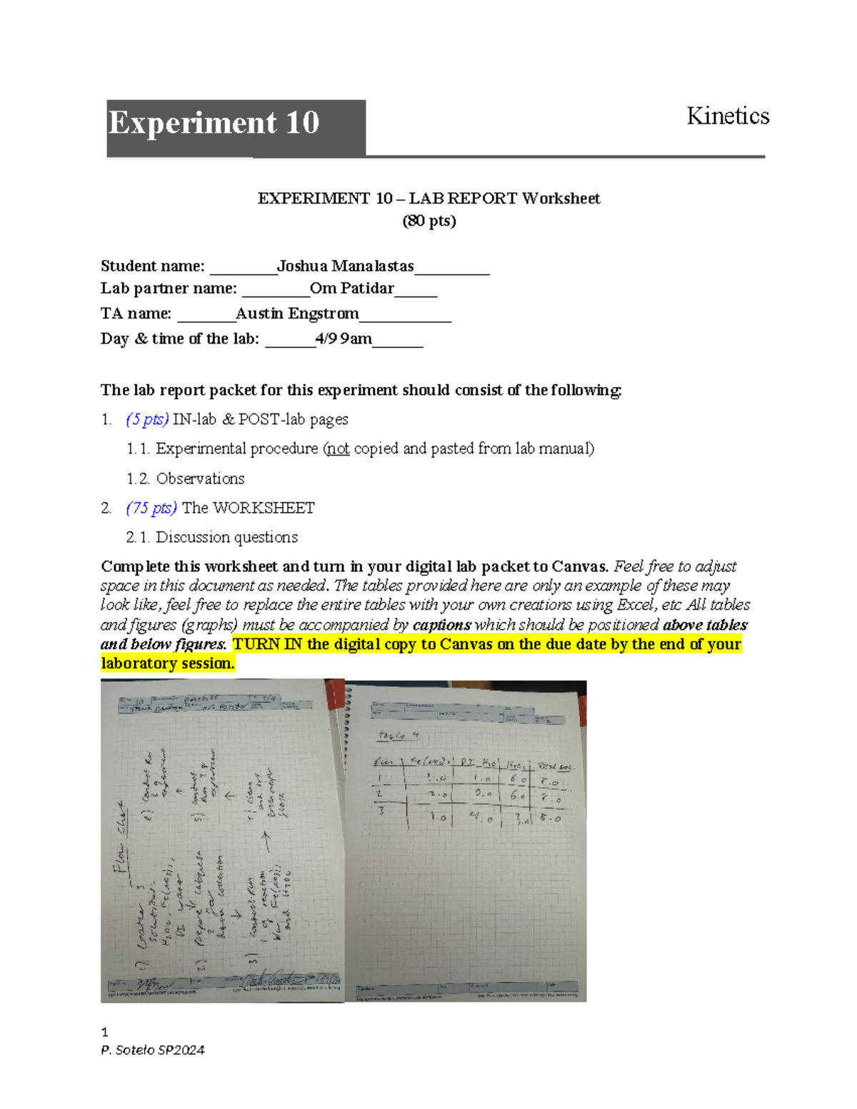 E10 kinetics worksheet SP2024 - EXPERIMENT 10 – LAB REPORT Worksheet ...