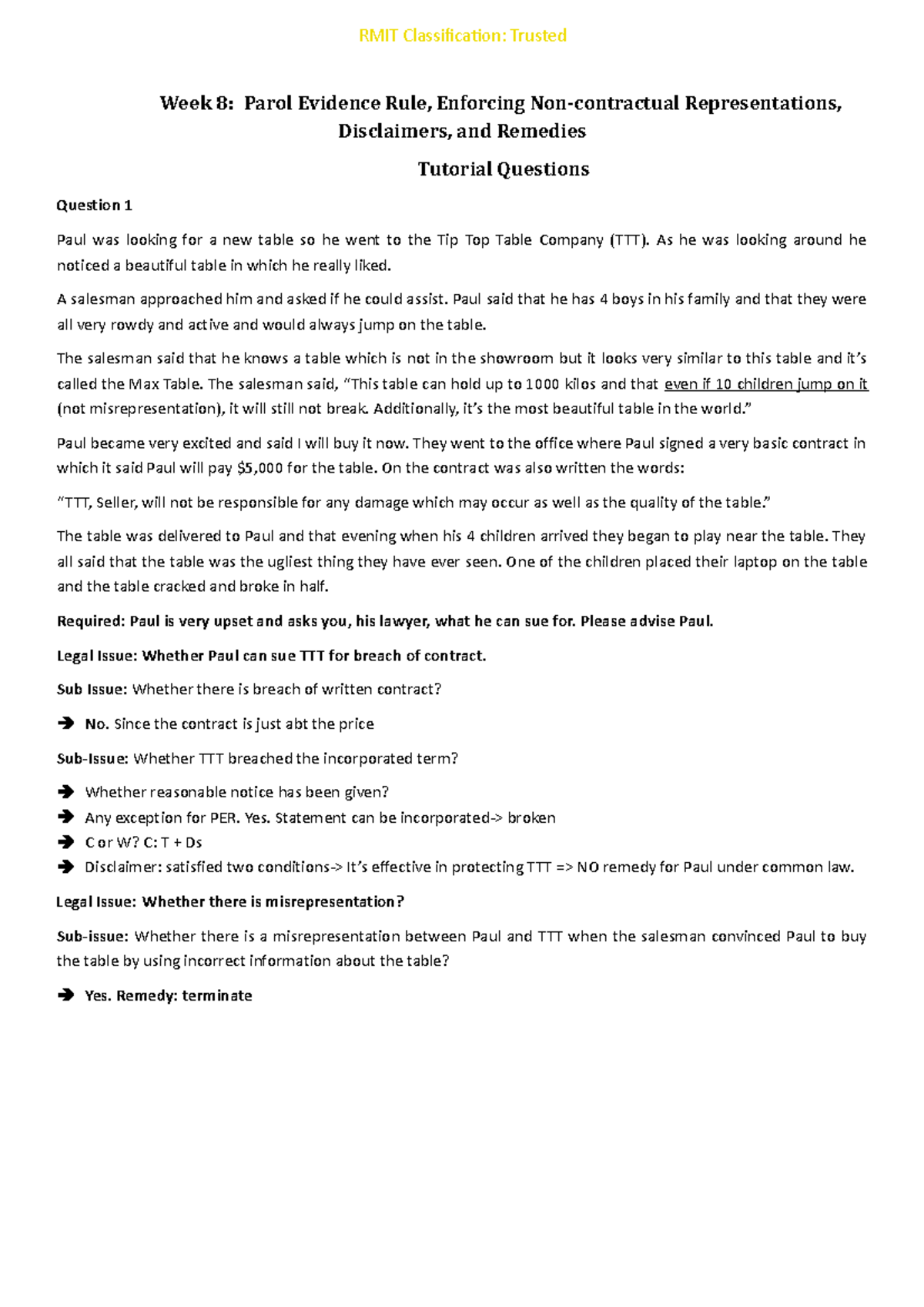 Week 8 Tutorial Questions - Week 8: Parol Evidence Rule, Enforcing Non-contractual ...