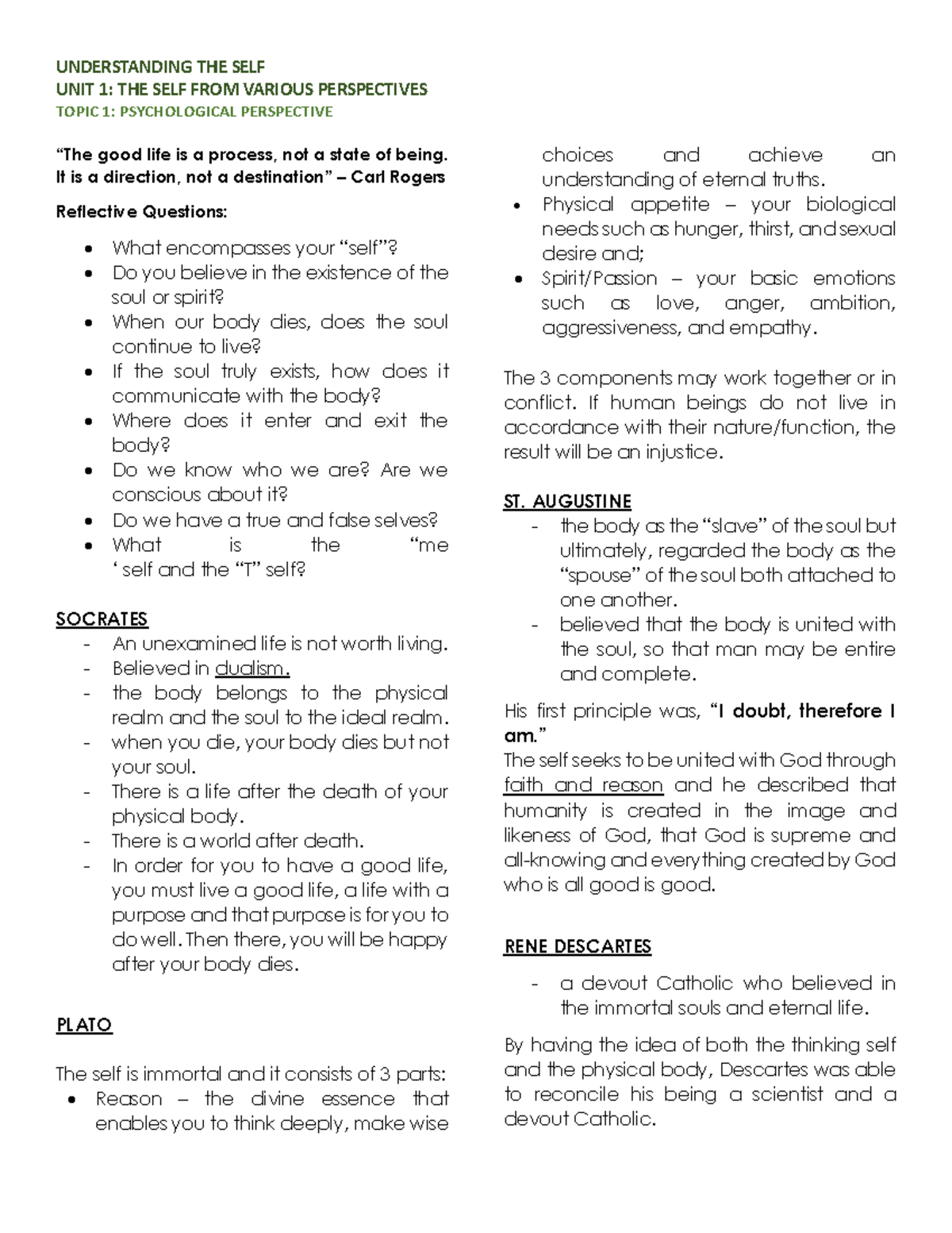 UTS Topics 1-3 - Psychological Self, Sociological Self, - UNIT 1: THE ...
