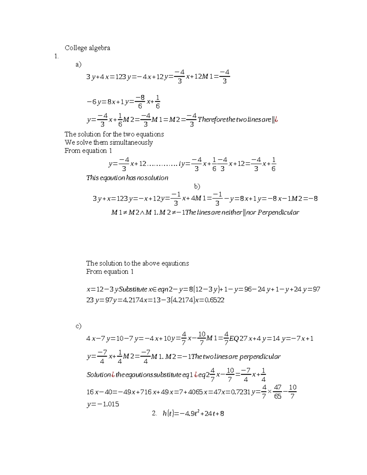 College algebra unit 2 writen assignment - College algebra 1. a) 3 y ...
