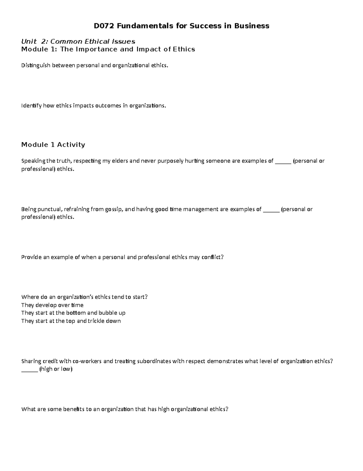 D072 - Study Guide - Fundamentals for Success in Business - D072 ...