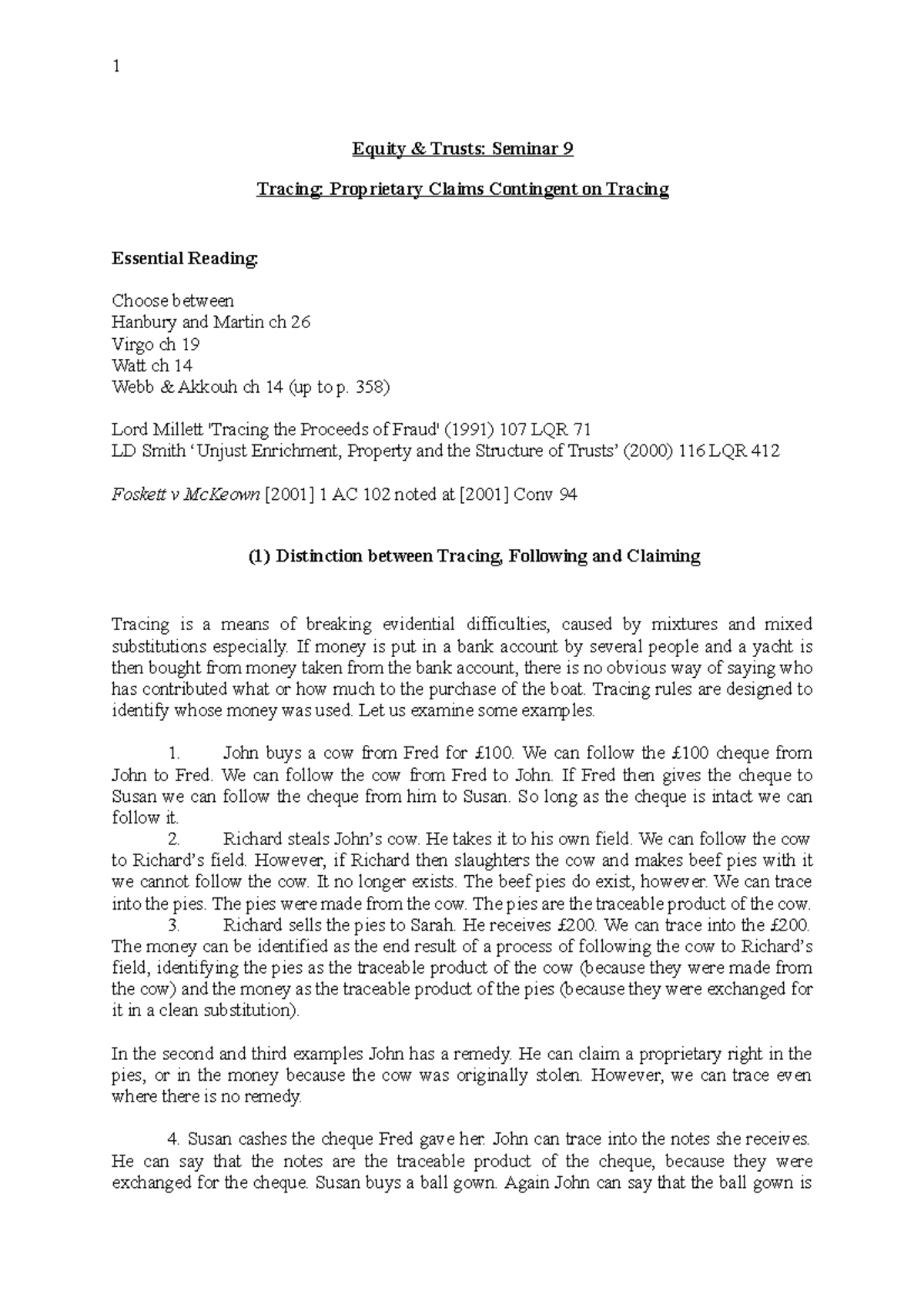 Seminar 9 tracing - Equity & Trusts: Seminar 9 Tracing: Proprietary ...