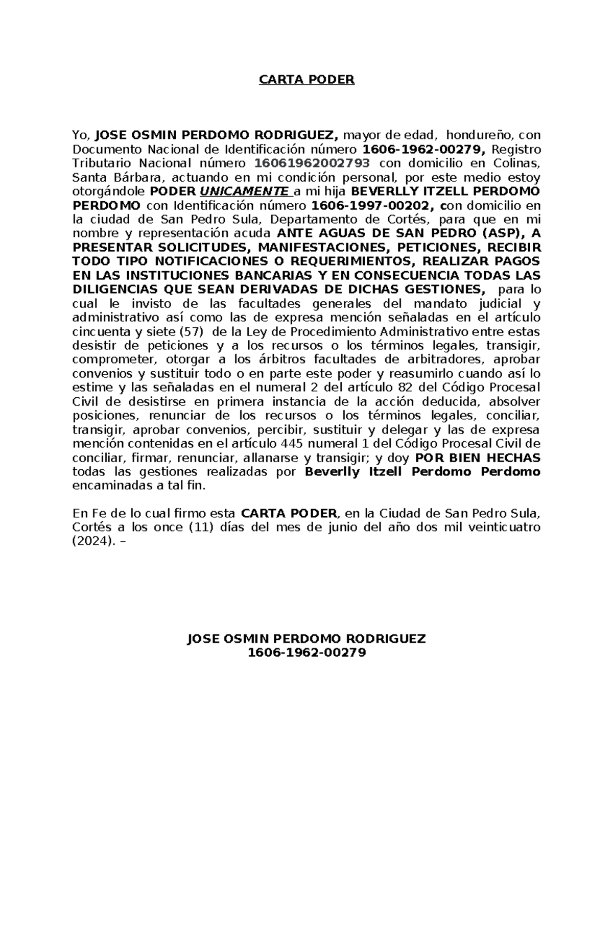 Carta Poder-ASP - CARTA PODER Yo, JOSE OSMIN PERDOMO RODRIGUEZ, mayor ...