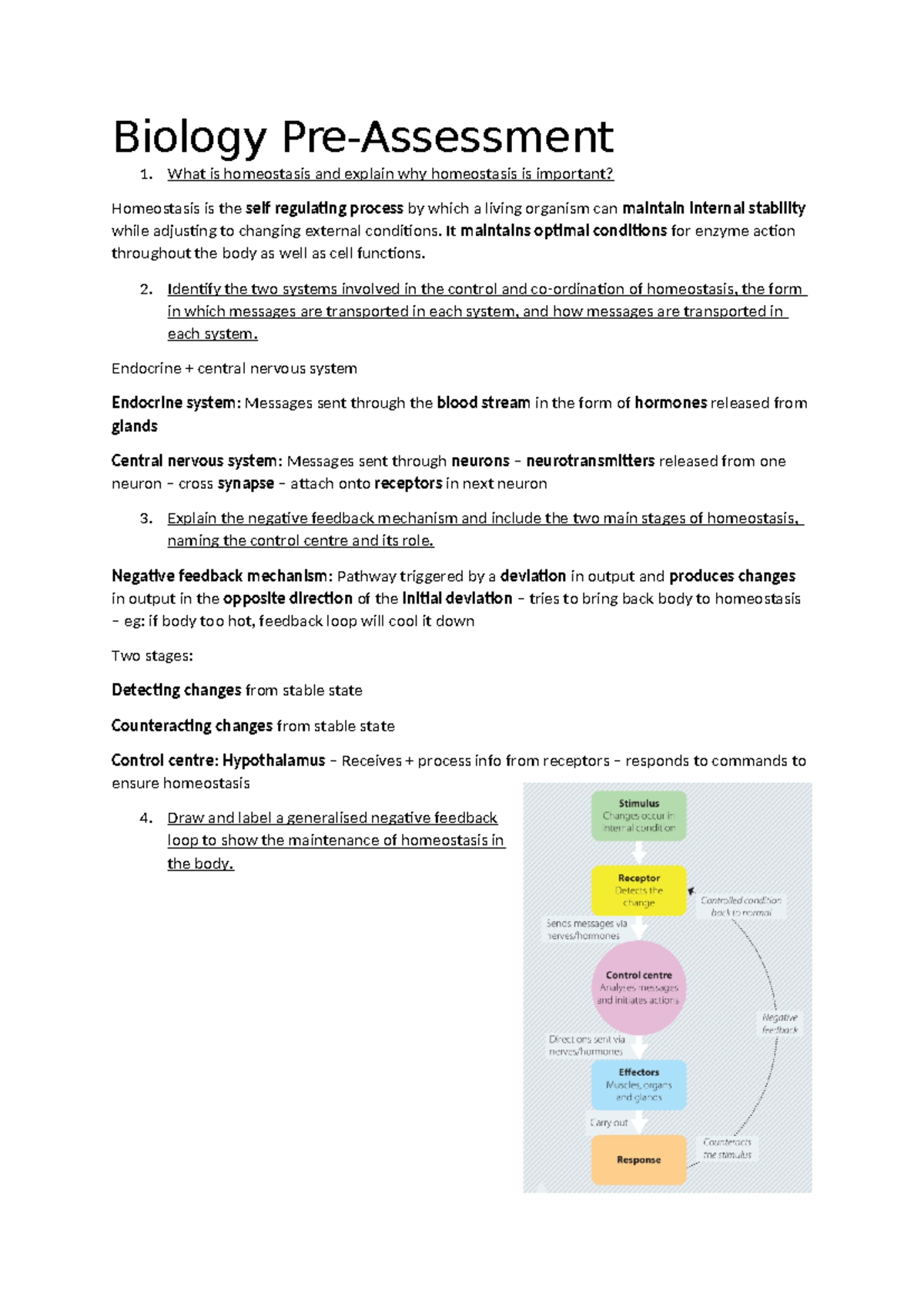 Biology Pre Assessment - Biology Pre-Assessment What is homeostasis and ...
